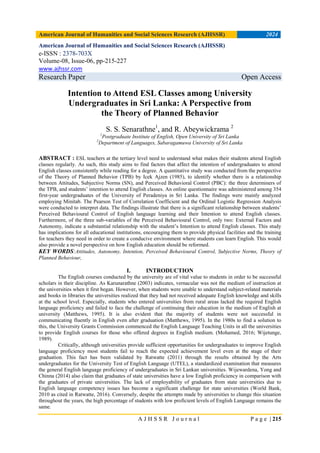 Intention to Attend ESL Classes among University Undergraduates in Sri ...