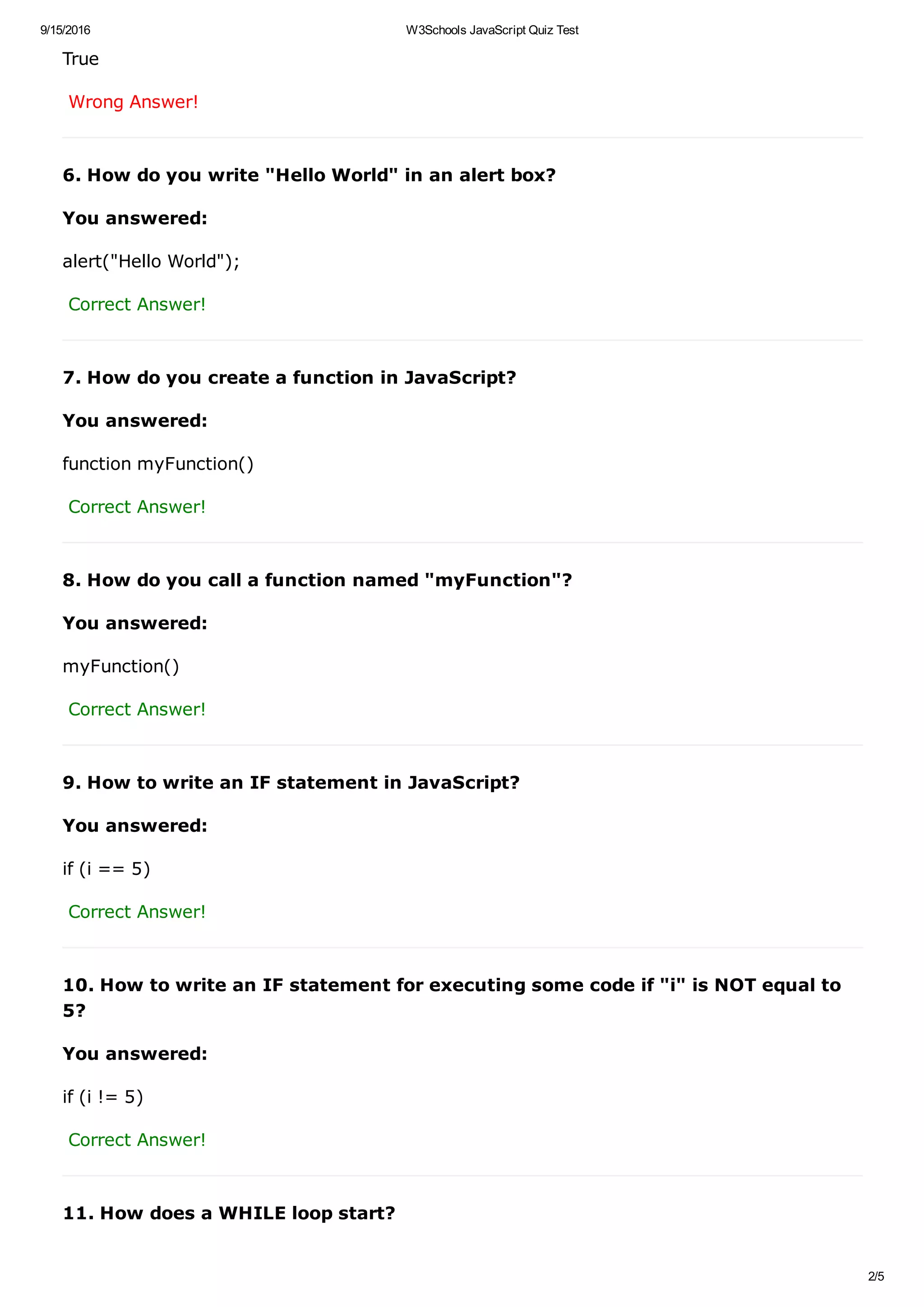 W3 Schools Javascript Quiz Test Pdf Web Development Internet