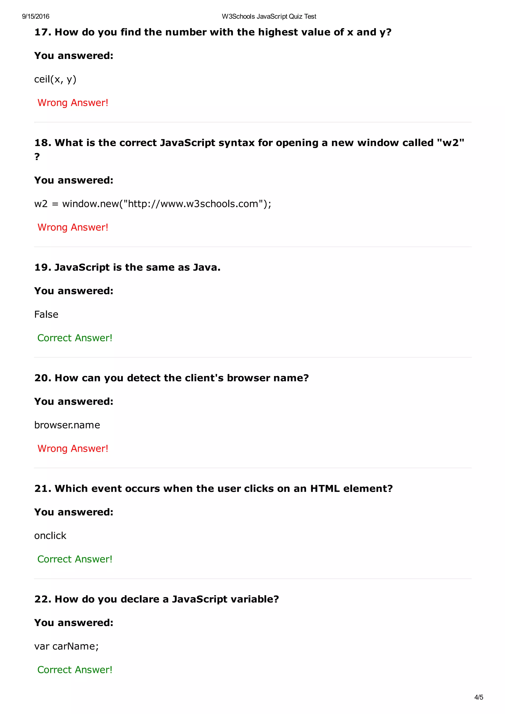W3 Schools Javascript Quiz Test Pdf Web Development Internet