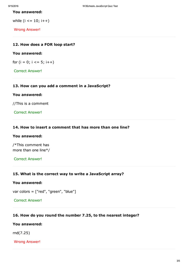 W3 schools javascript quiz test | PDF | Web Development | Internet
