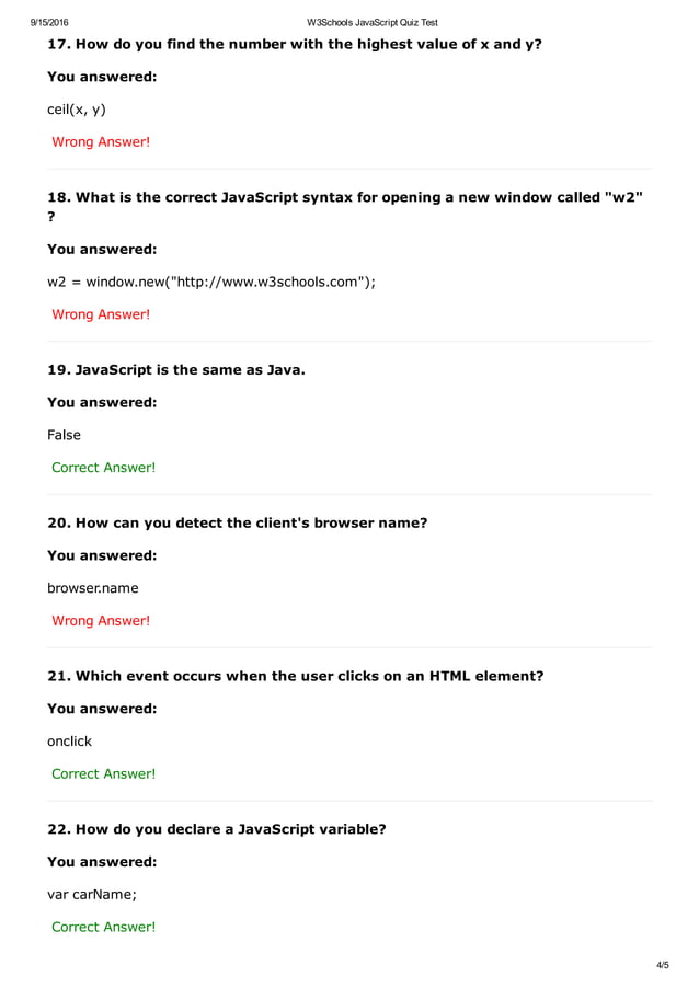 W3 Schools Javascript Quiz Test Pdf Web Development Internet