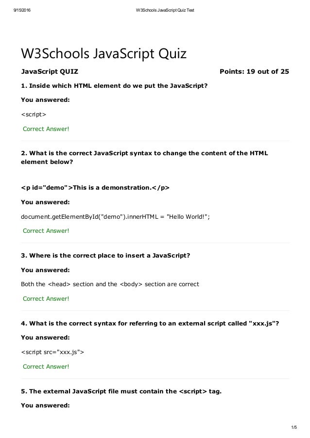 W3 schools javascript quiz test W3 schools javascript quiz test