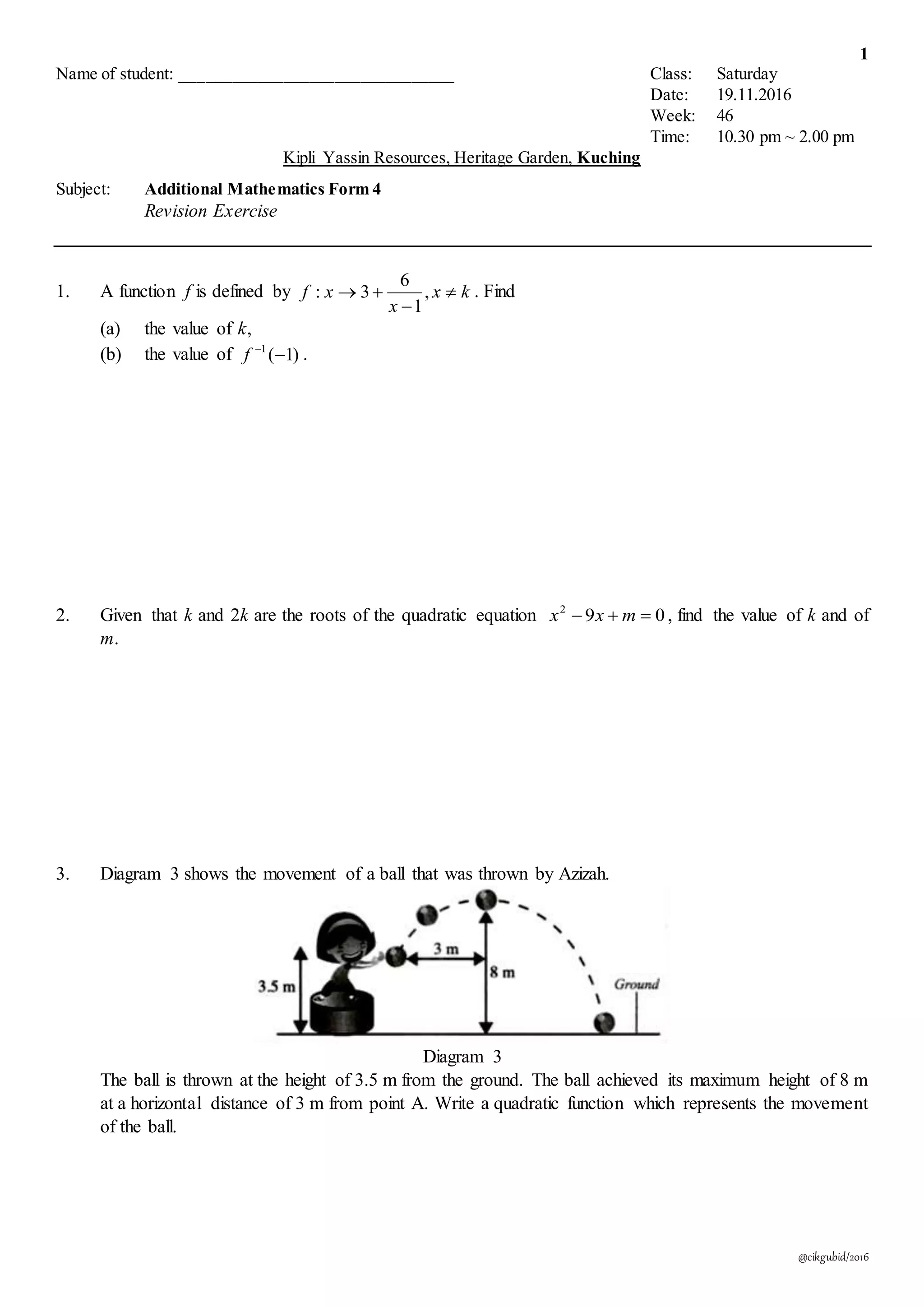 Revision Exercise Addmaths Form 4 2016 | PDF