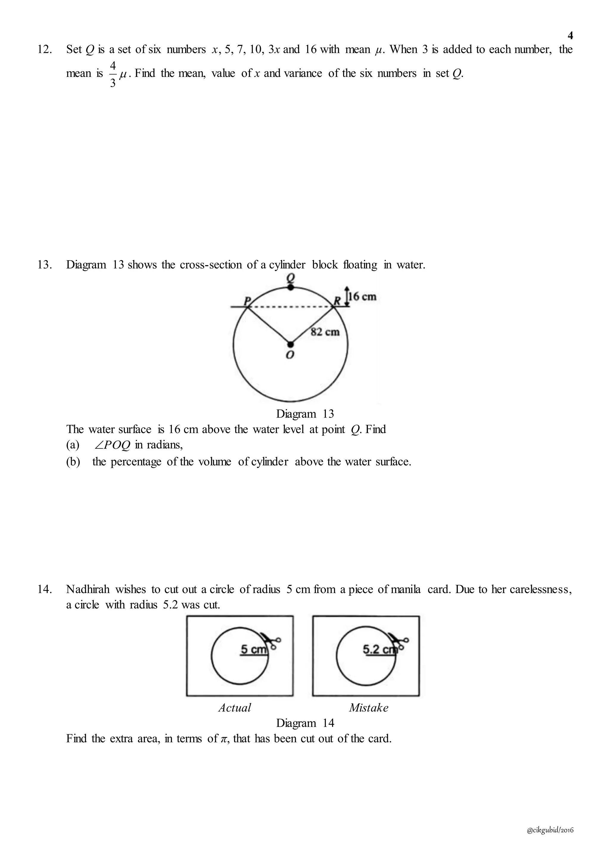 Revision Exercise Addmaths Form 4 2016 | PDF