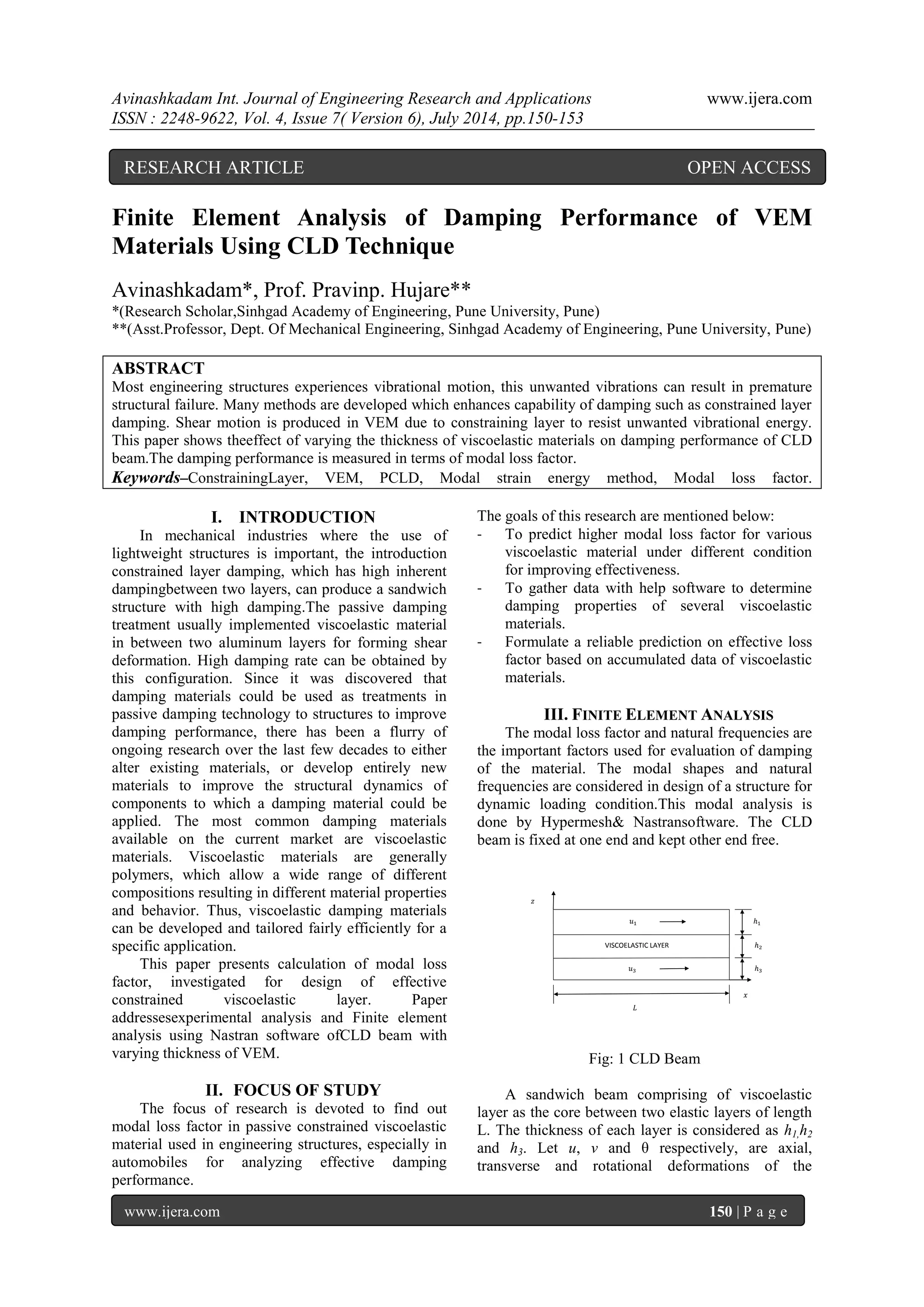 Finite Element Analysis of Damping Performance of VEM Materials Using ...