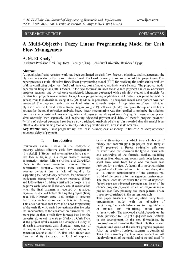 A Multi-Objective Fuzzy Linear Programming Model for Cash Flow Management | PDF