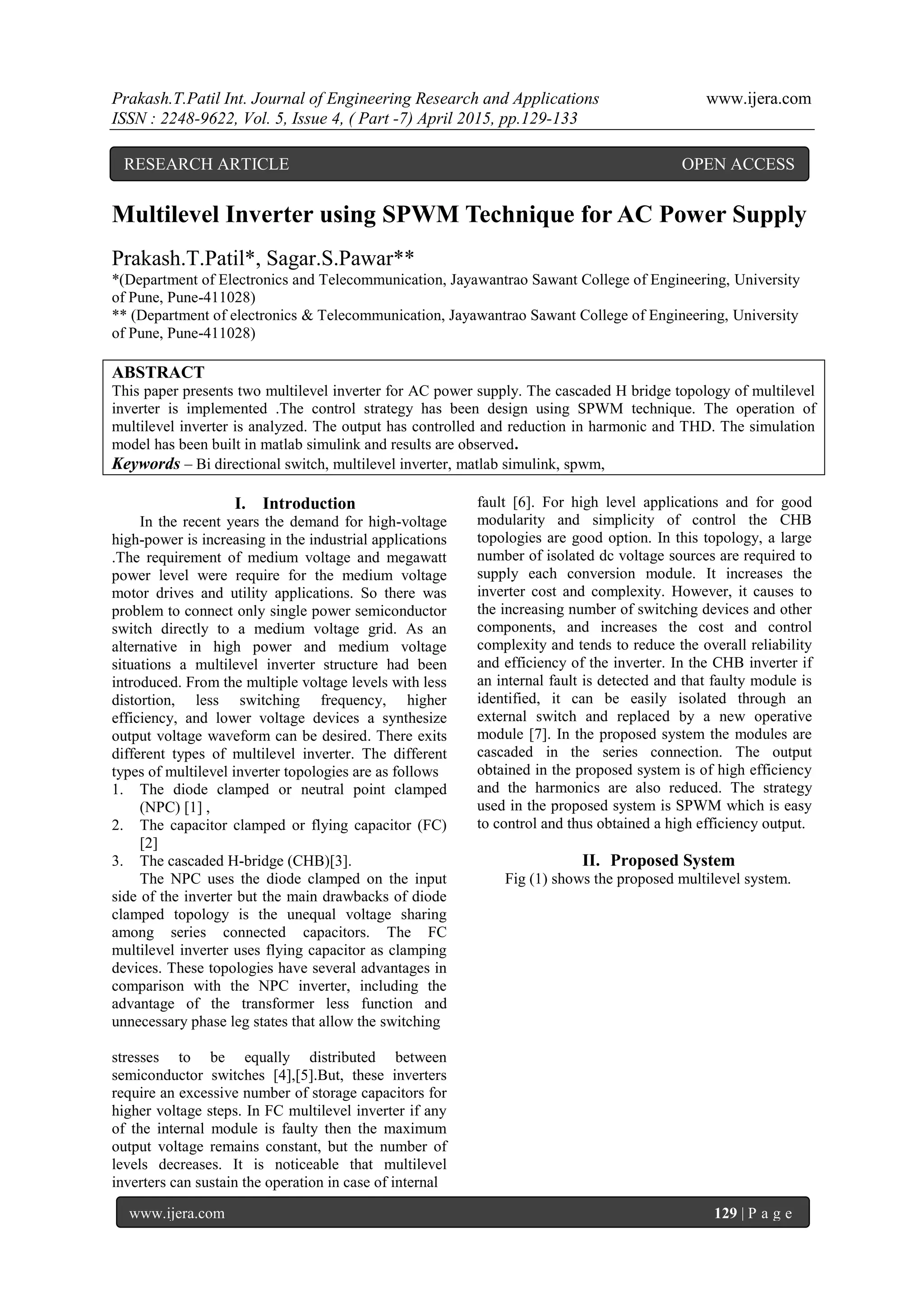Multilevel Inverter using SPWM Technique for AC Power Supply | PDF