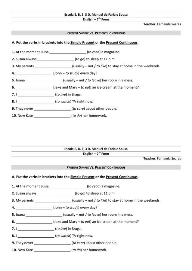 W5 Present Simple Pr Continuous | PDF