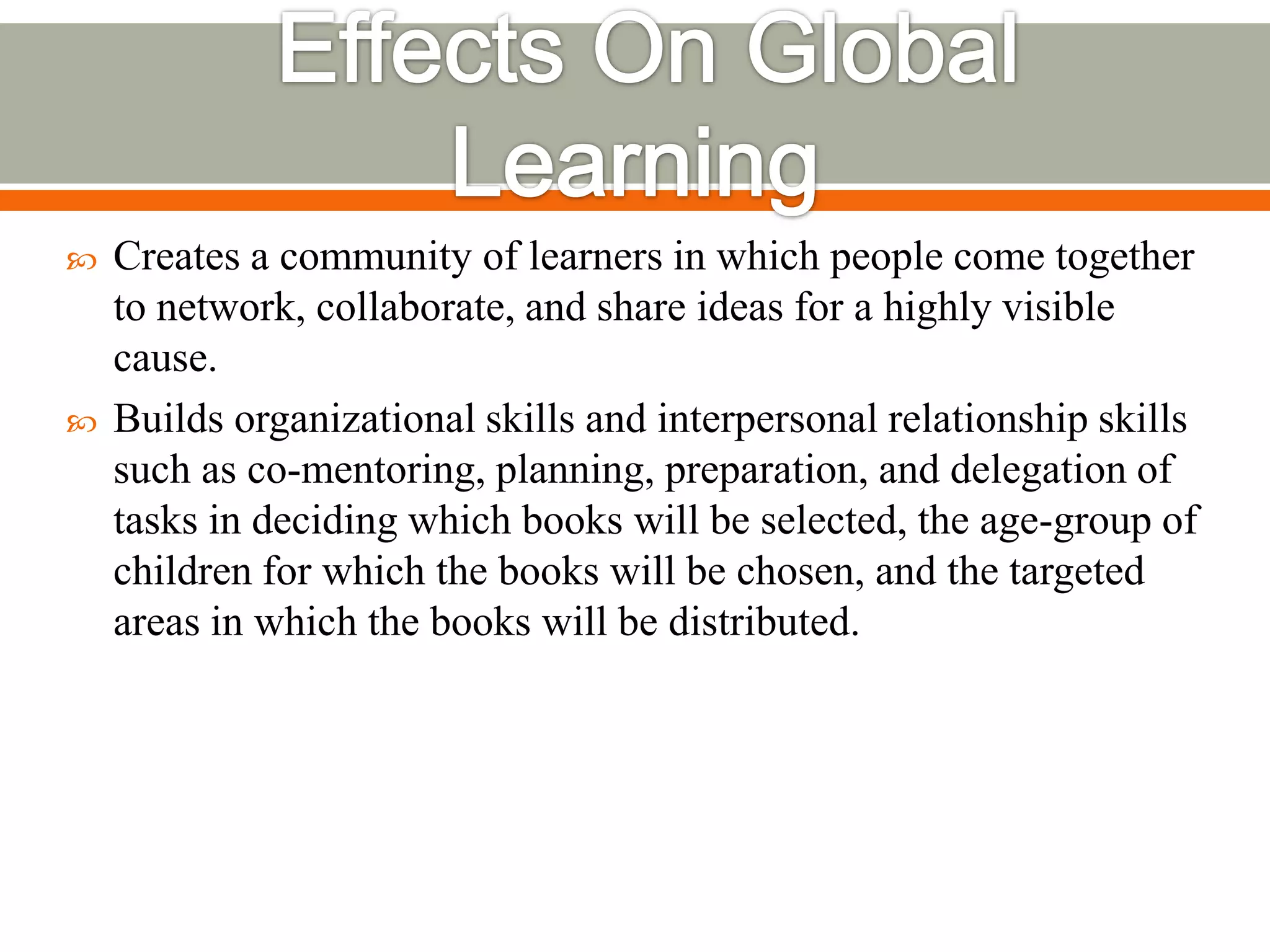 Proposal for a Global Learning Service Program/ National book drive | PPTX