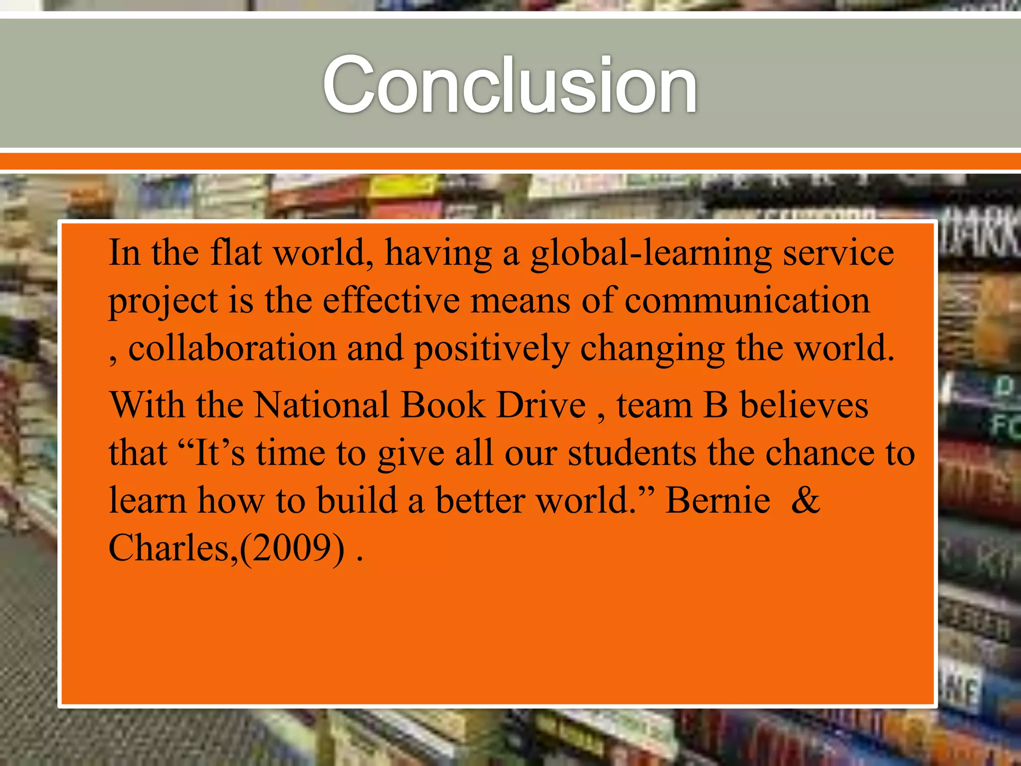 Proposal for a Global Learning Service Program/ National book drive | PPTX
