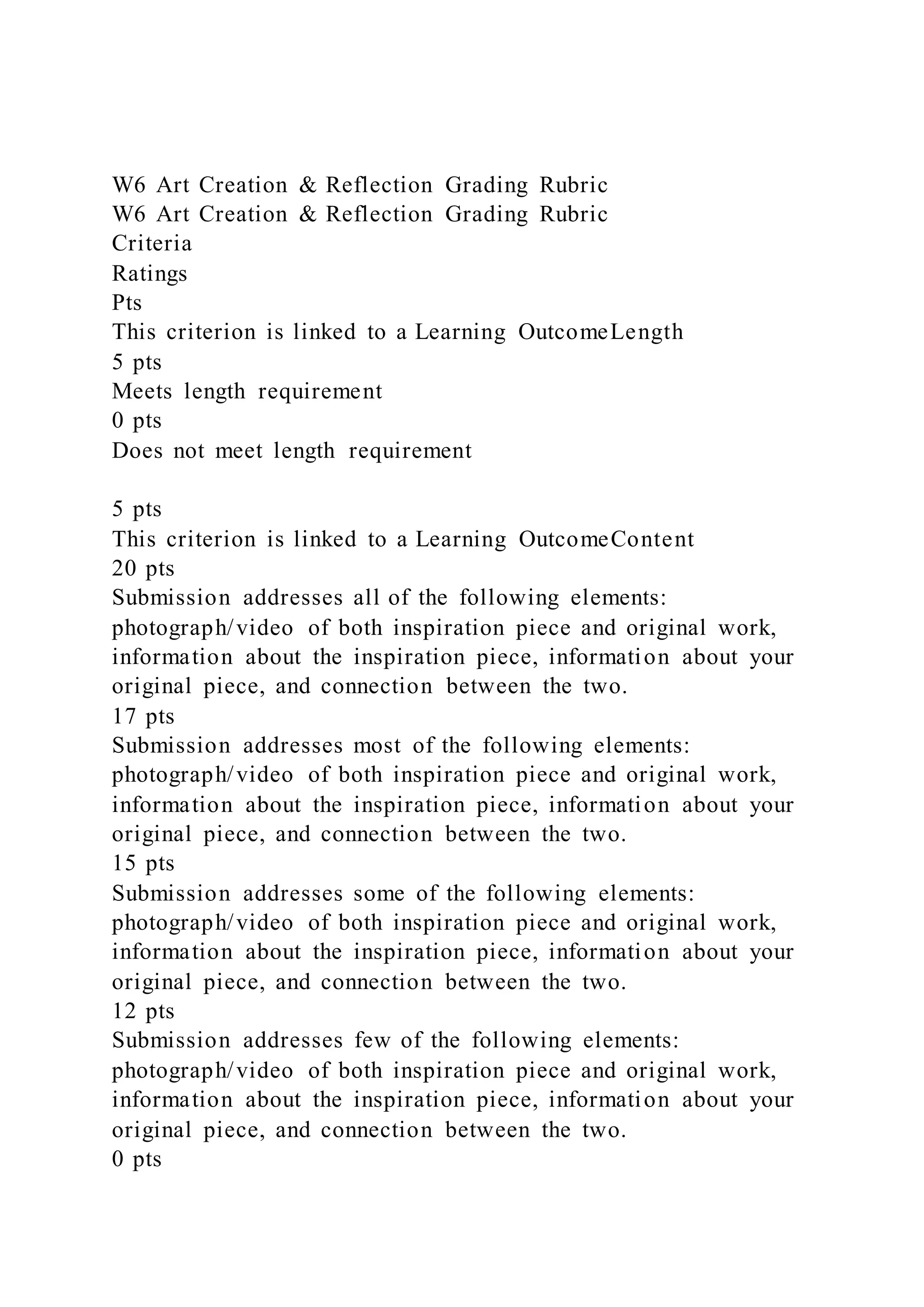 W6 art creation & reflection grading rubric w6 art creation & ref | PDF