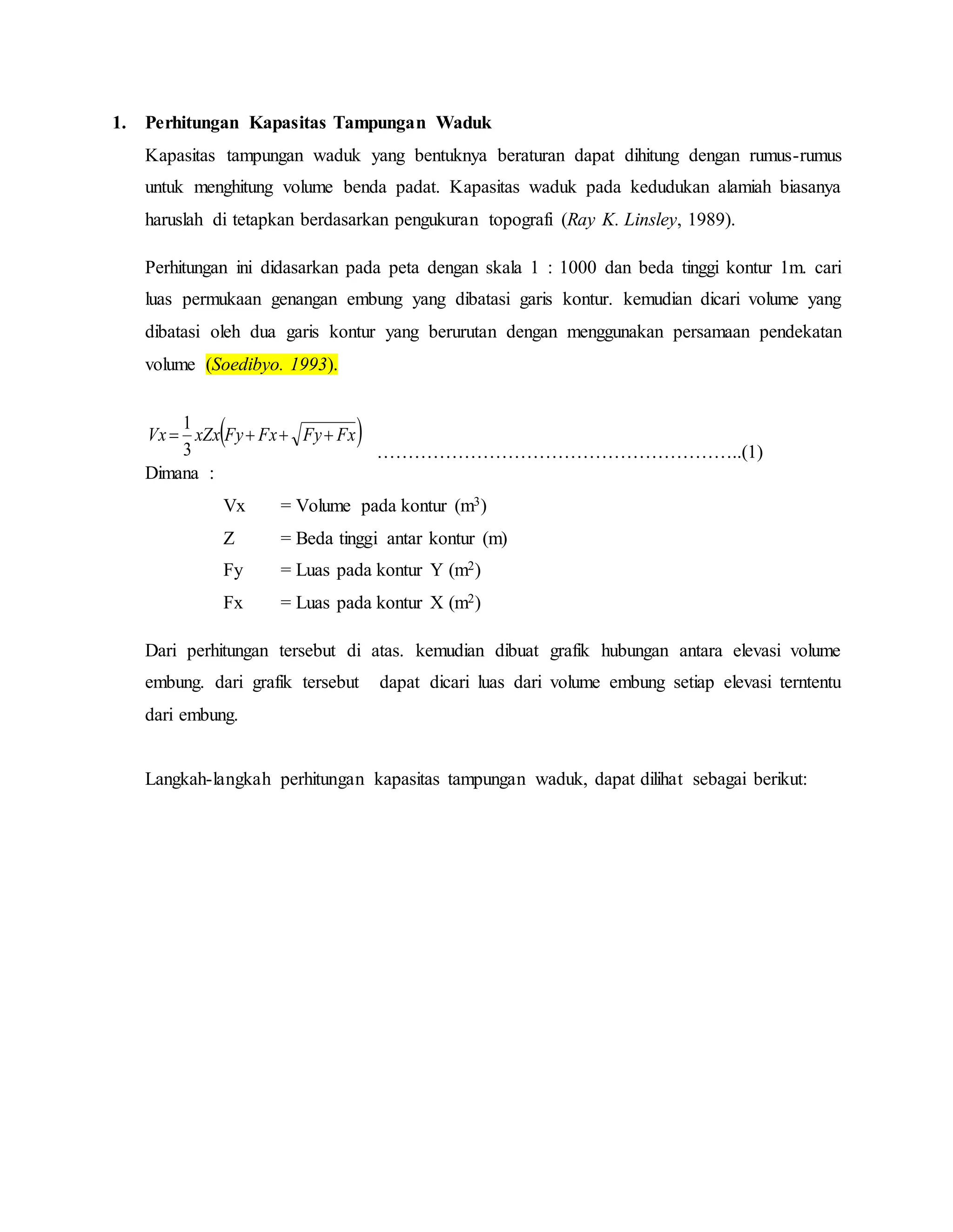 Perhitungan Kapasitas Tampungan Waduk | DOCX
