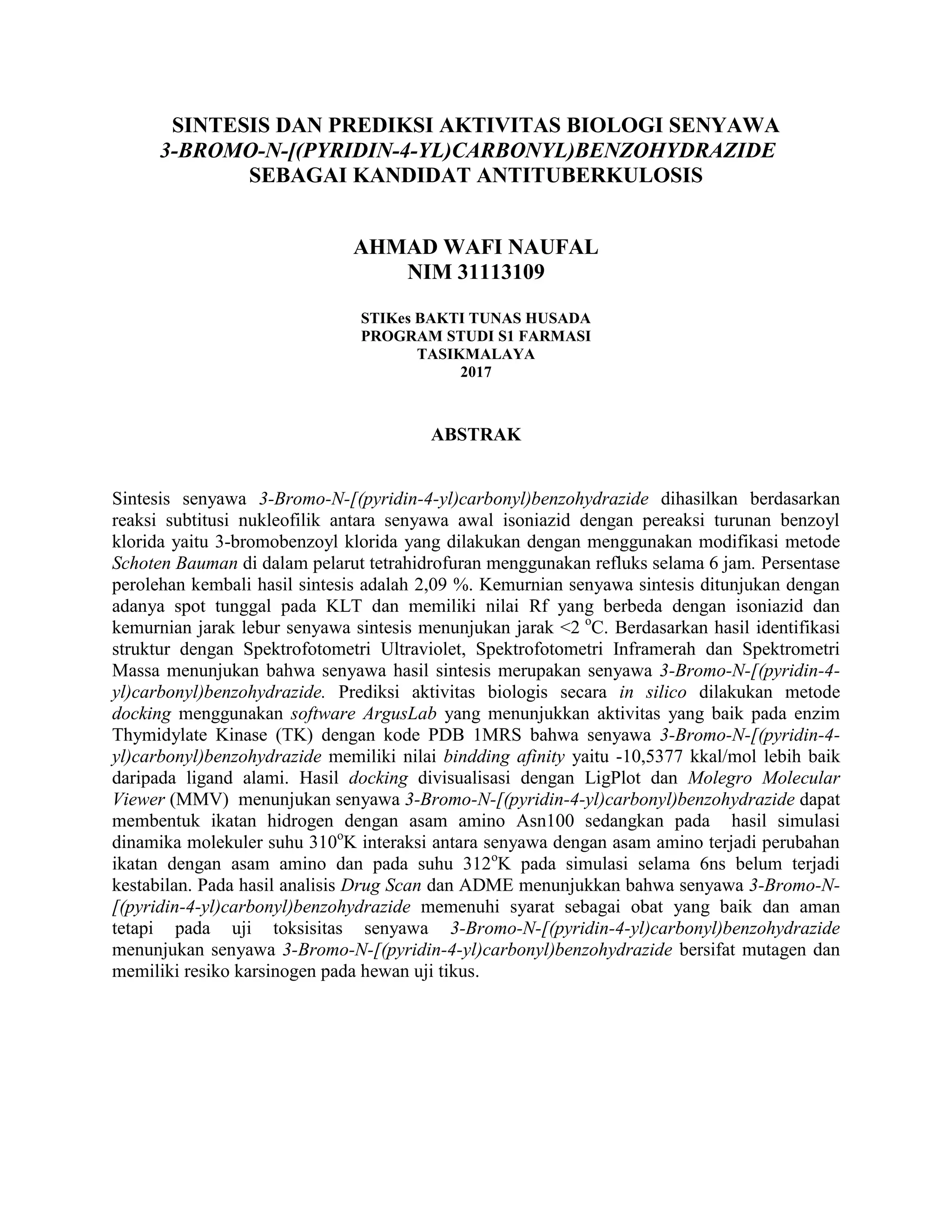 SINTESIS DAN PREDIKSI AKTIVITAS BIOLOGI SENYAWA 3-BROMO-N-[(PYRIDIN-4 ...