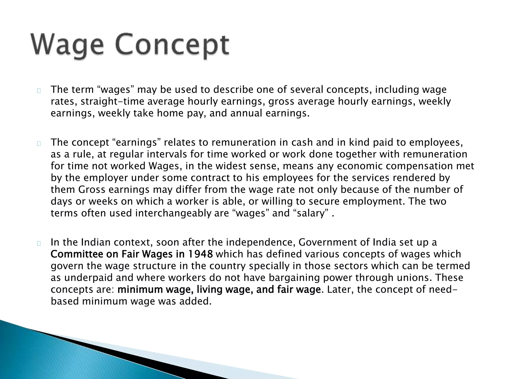 Wage concept and wage meaning in variuos act | PPTX