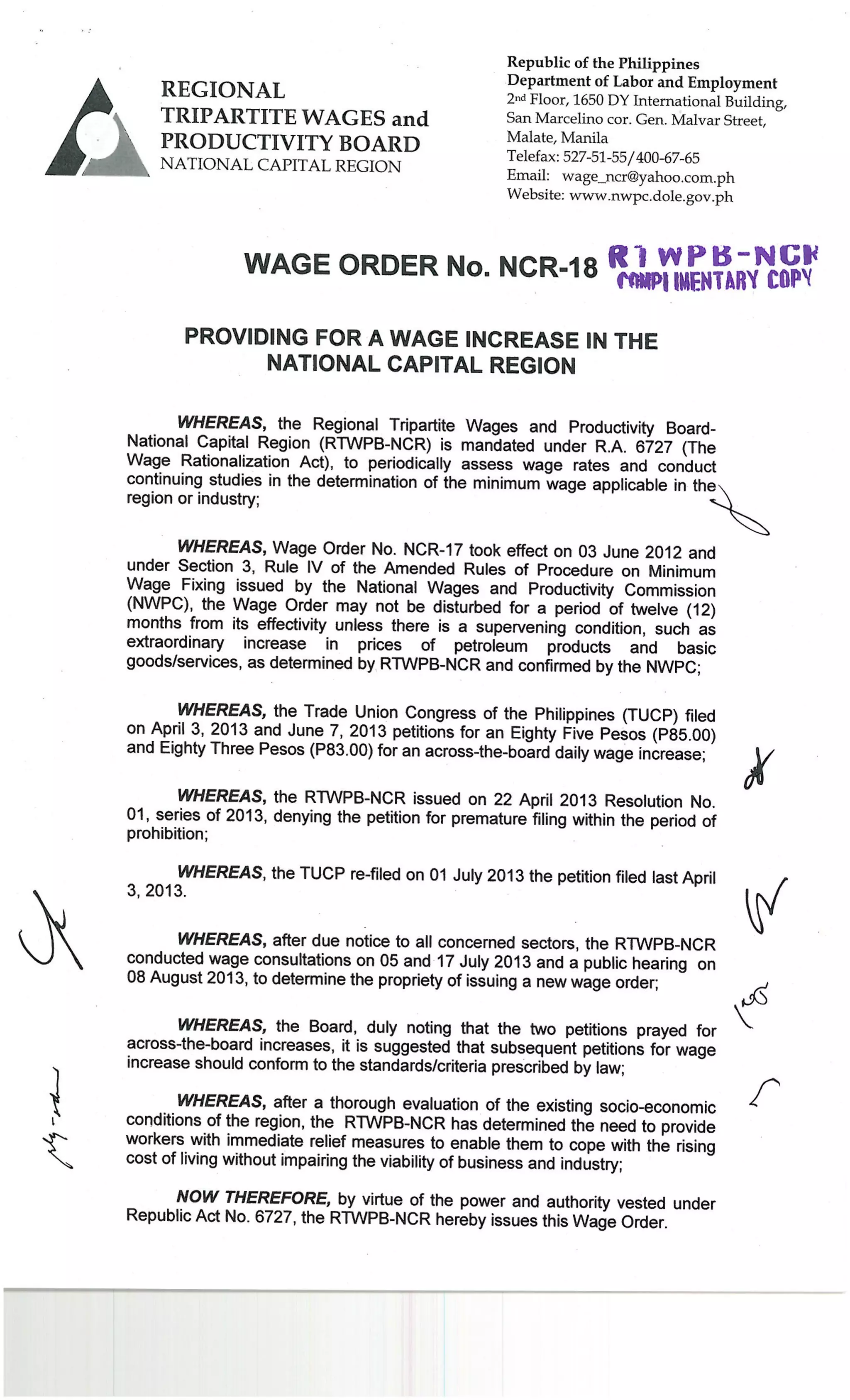 Wage Order No. 18 (National Capital Region) | PDF