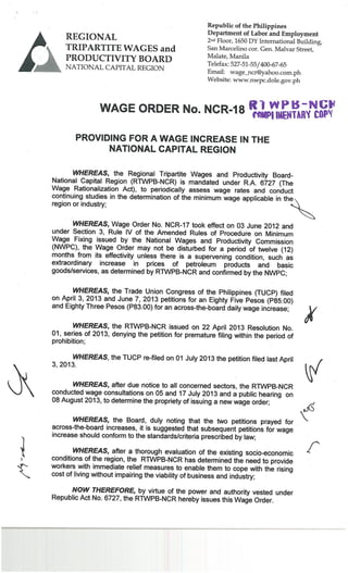 Wage Order No. 18 (National Capital Region) | PDF