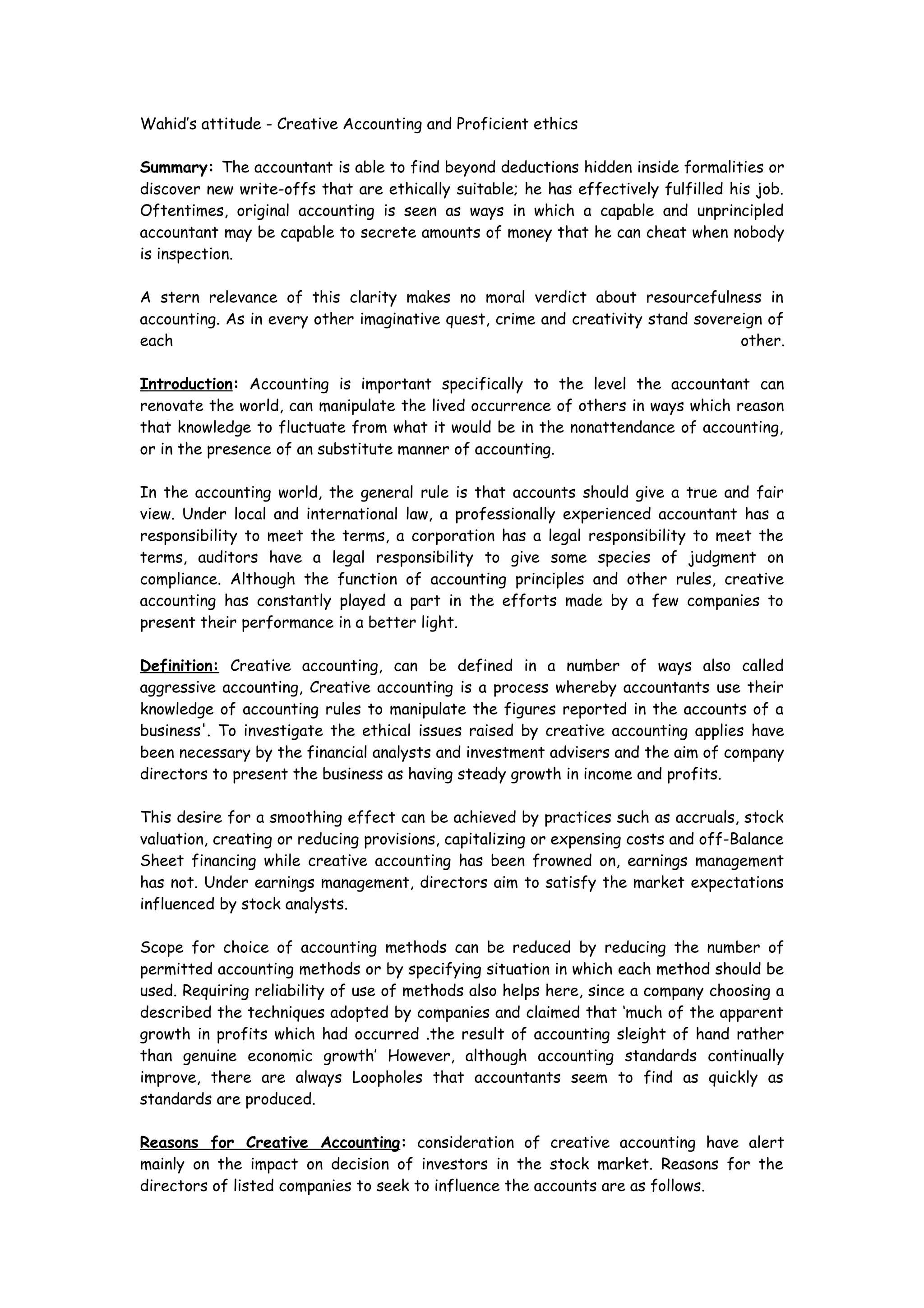 Wahid’s attitude creative accounting and proficient ethics | DOC
