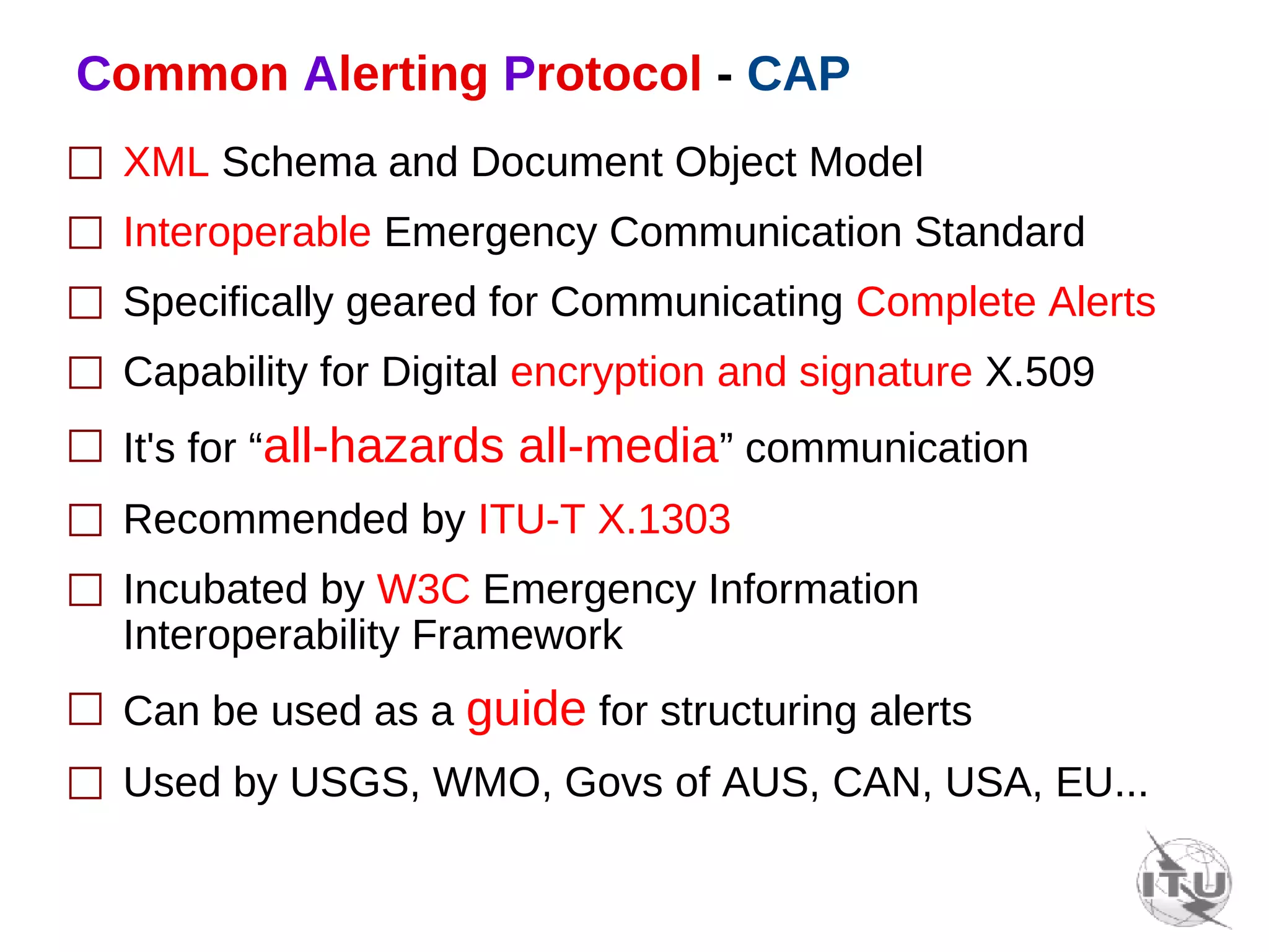Introduction to Operationalizing the Common Alerting Protocol (ITU-T X.1303) Standard | PDF