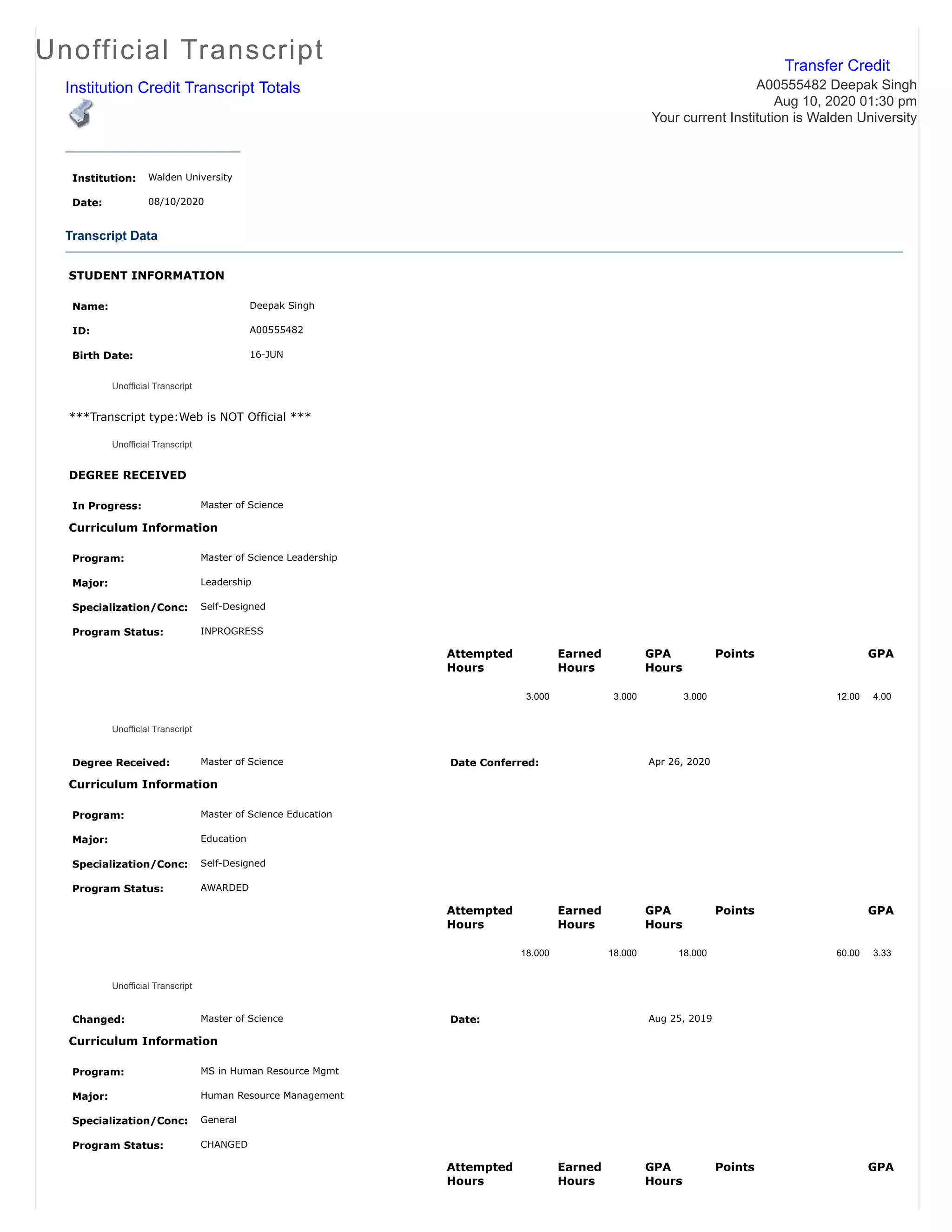 Walden University Transcript of Deepak Singh (August 10, 2020) | PDF