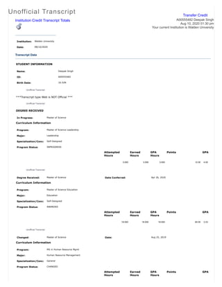 Walden University Transcript of Deepak Singh (August 10, 2020) | PDF