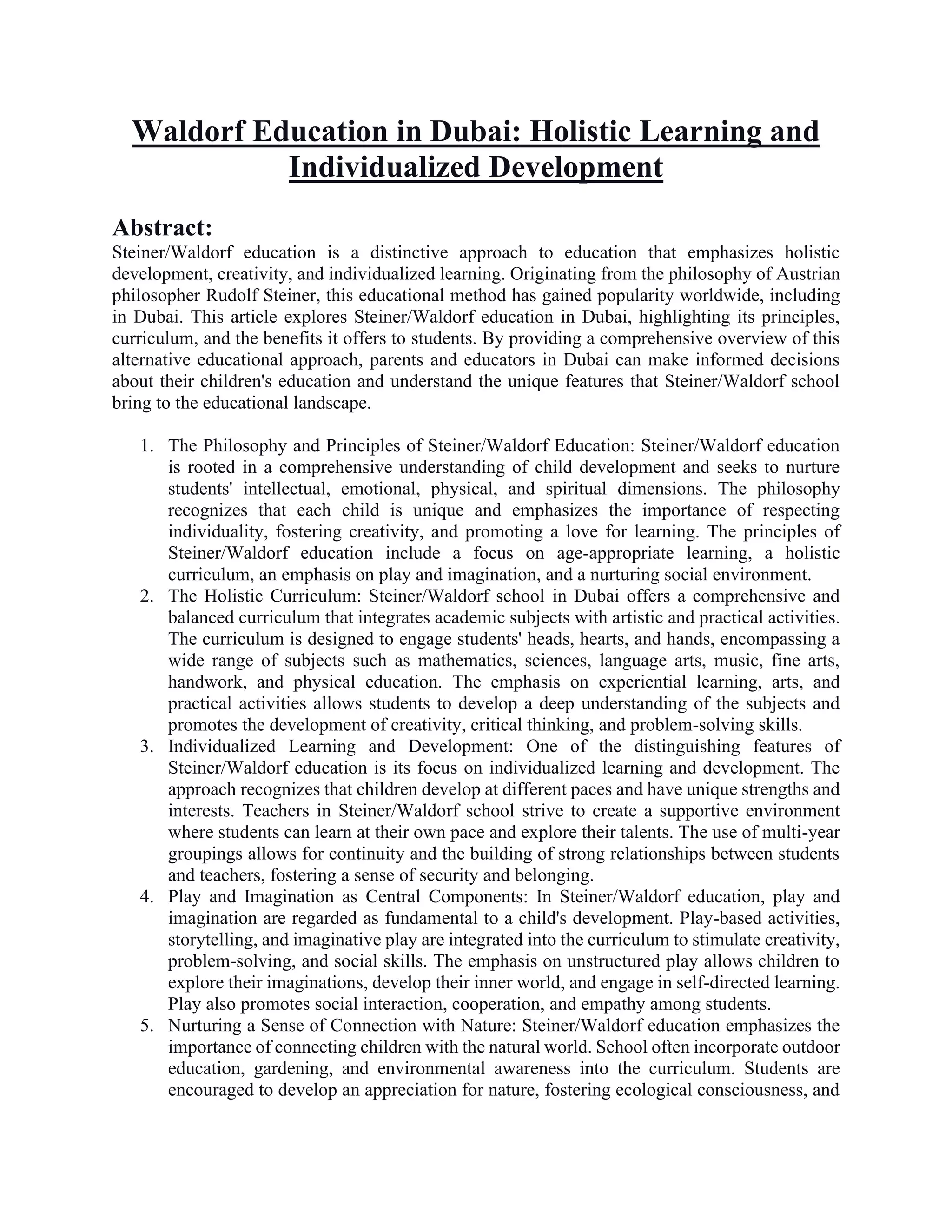 Waldorf Education in Dubai: Holistic Learning and Individualized ...