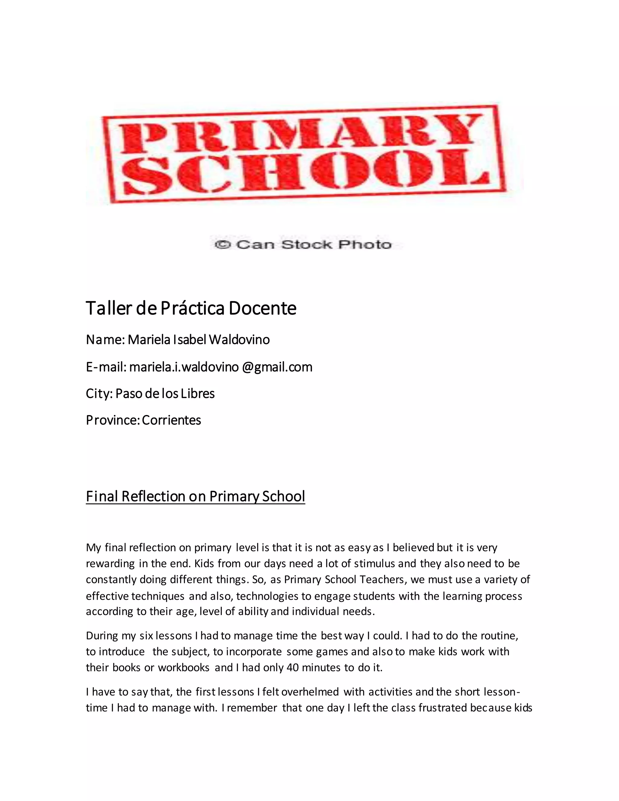 Waldovino tpd primary school final reflection | DOCX | Parenting Children Aged 4-11 | Parenting