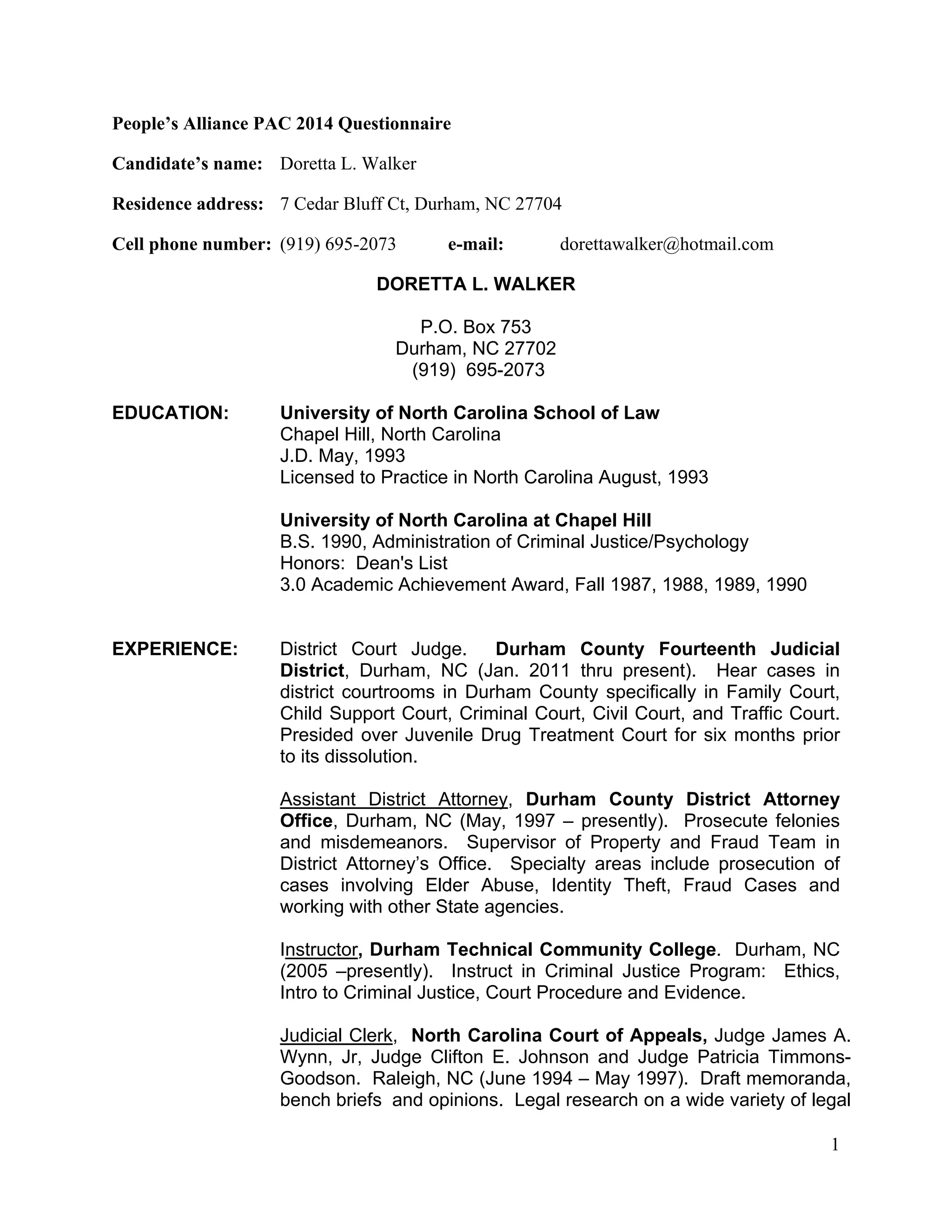 Doretta Walker 2014 PA-PAC Questionnaire | PDF
