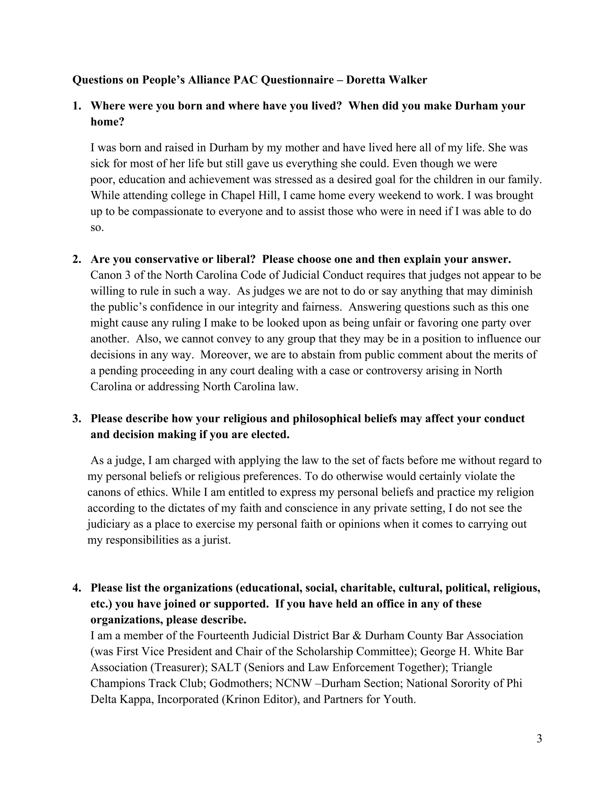 Doretta Walker 2014 PA-PAC Questionnaire | PDF