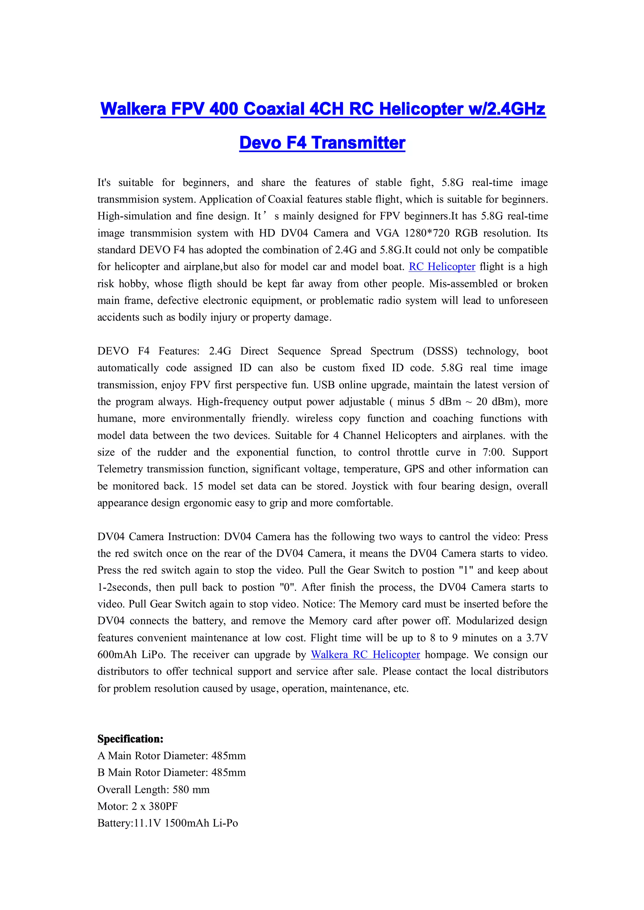 Walkera fpv 400 | PDF