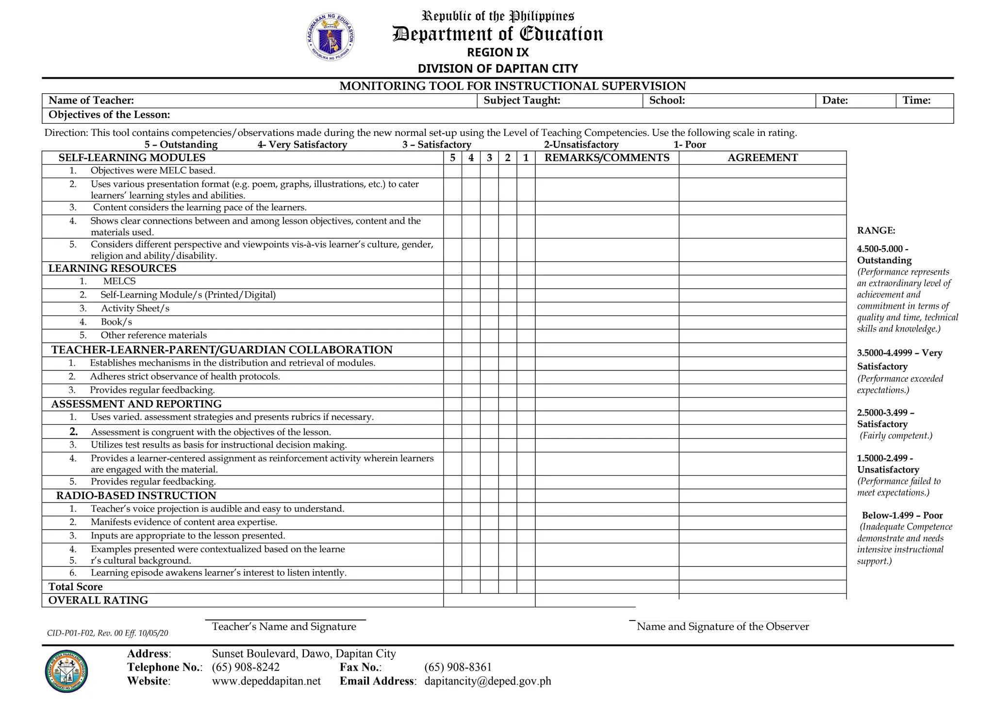 Walkthrough Observation-Tool Documents for School Monitoring. | DOCX