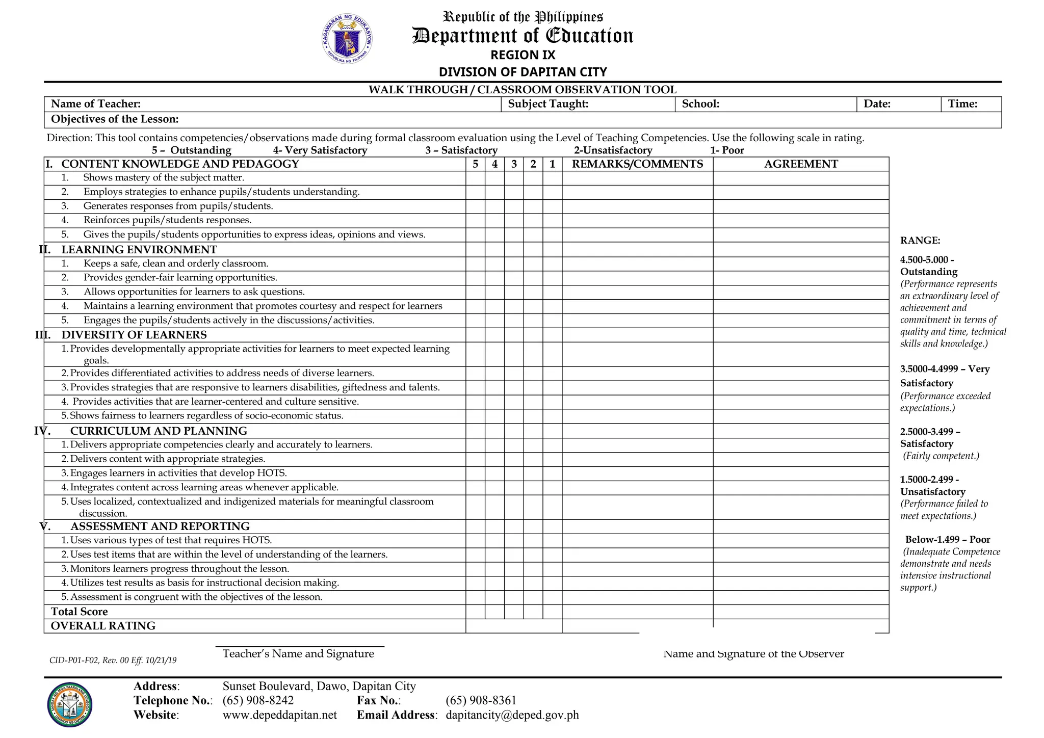 Walkthrough Observation-Tool Documents for School Monitoring. | DOCX
