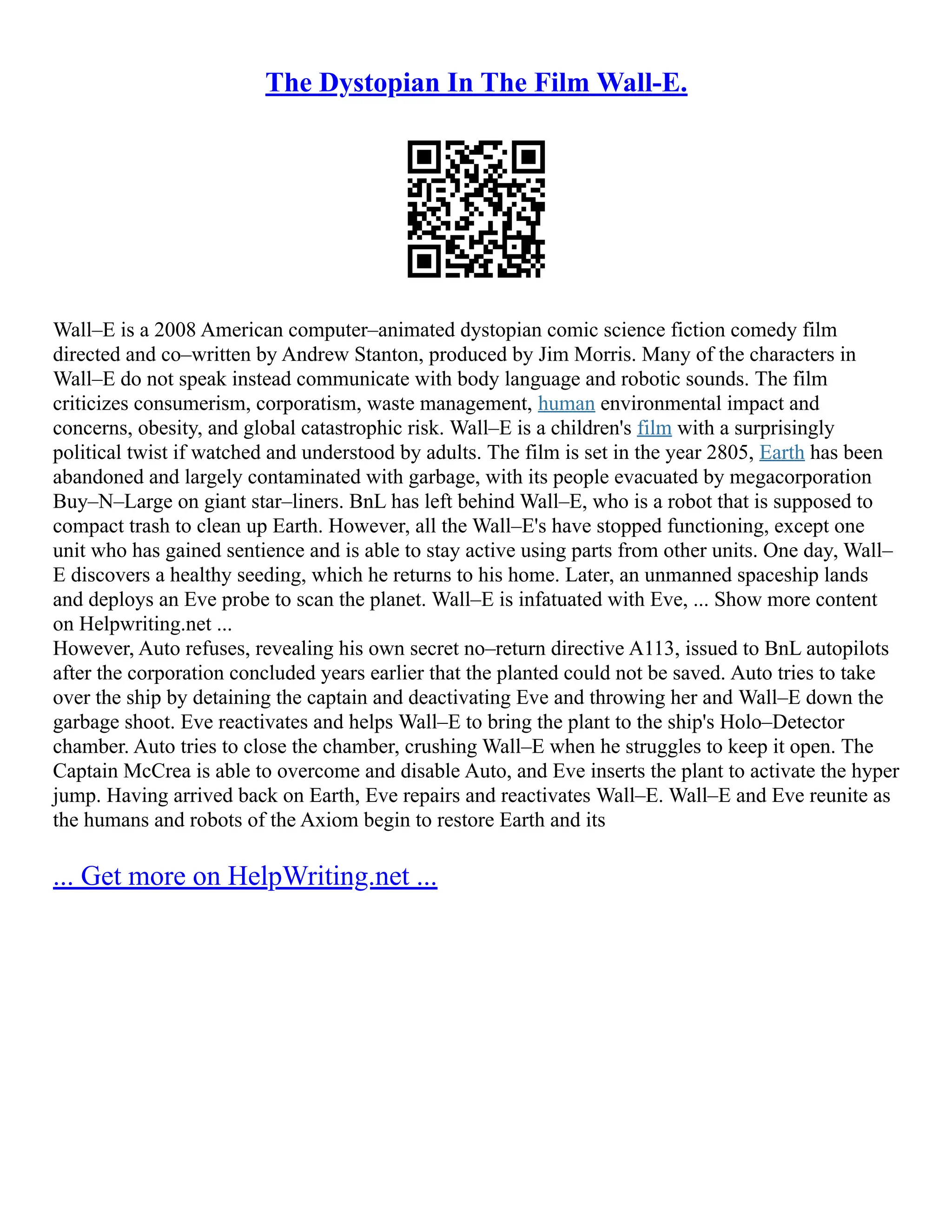 Wall-E Versus Feed Essay | PDF