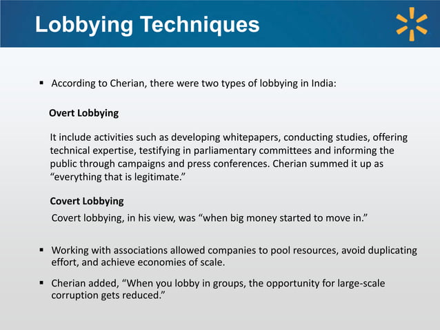 Walmart lobbying in India 2014 | PPTX | Retail Industry | Industries