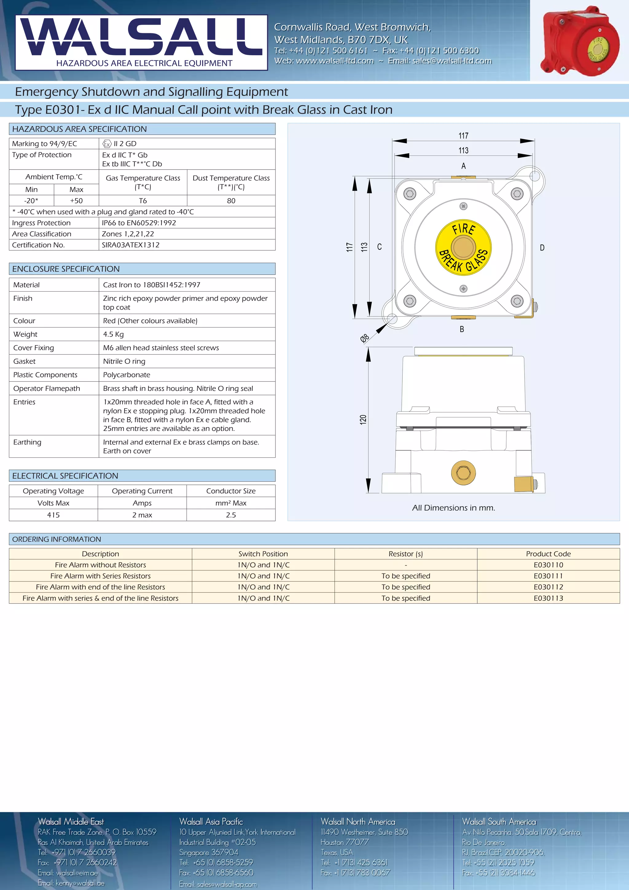 Walsall E0301 Manual Call Point with Break Glass - Hazardous Area Zone ...