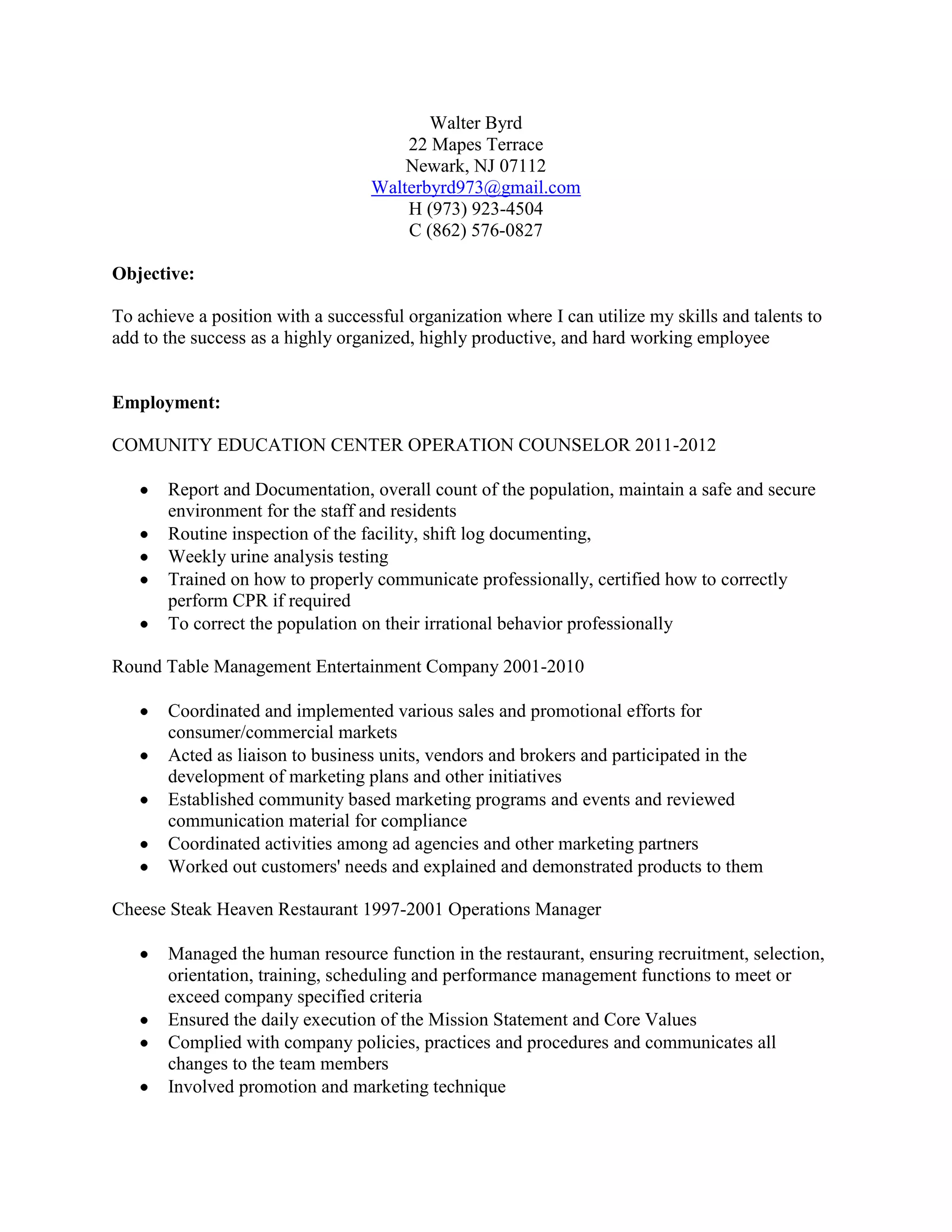 Walter byrd reume | DOCX