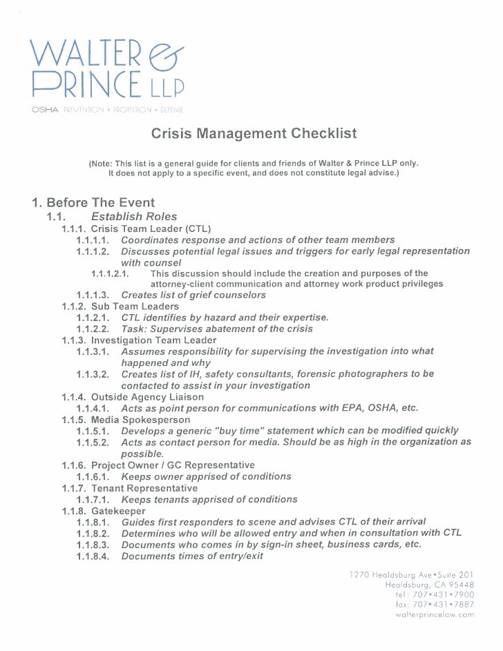 Crisis Management Checklist Crisis Management Checklist