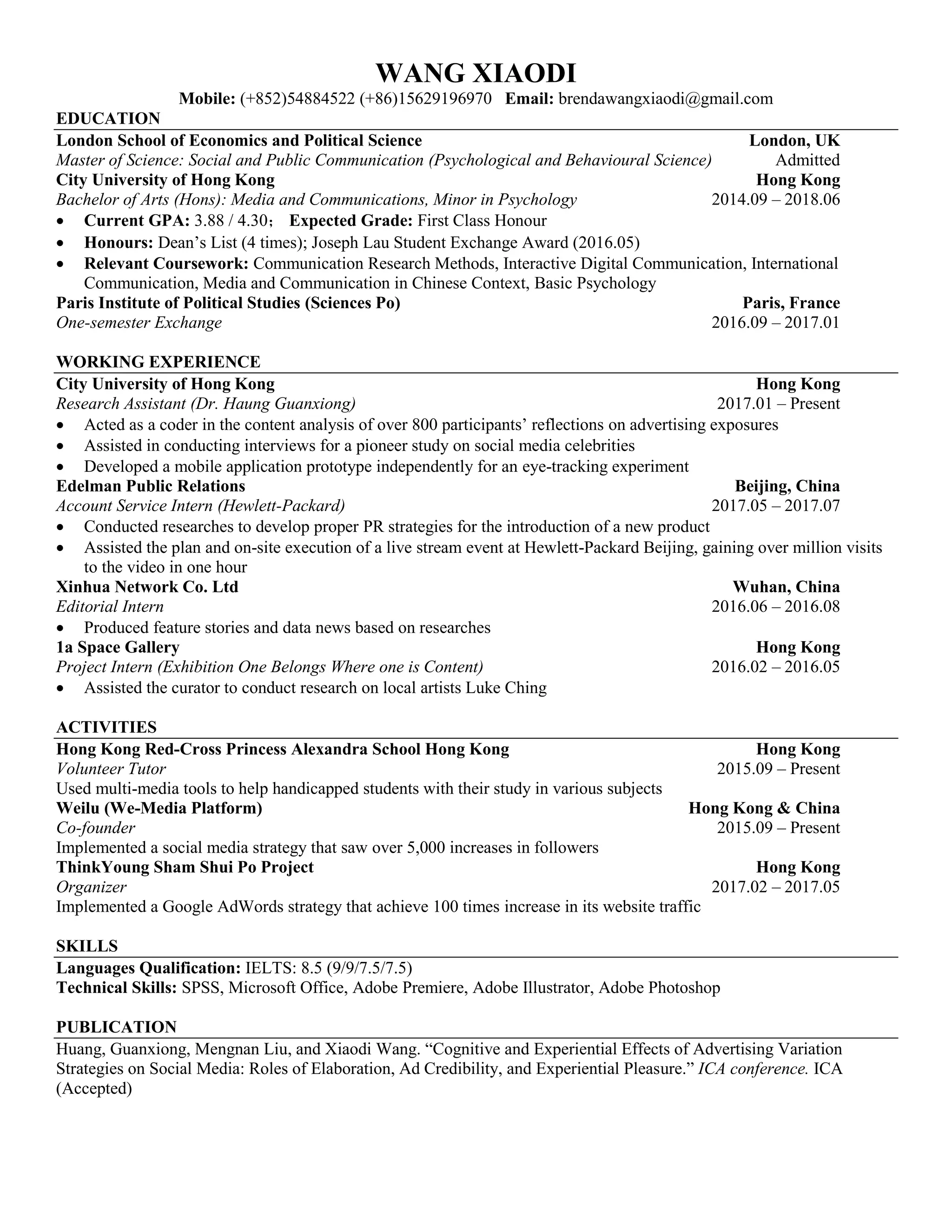 Wang xiaodi cv | PDF | Undergraduate Education | College Education