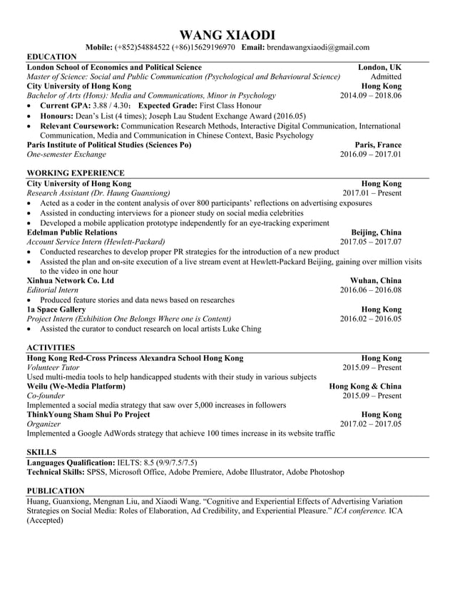 Wang xiaodi cv | PDF | Undergraduate Education | College Education