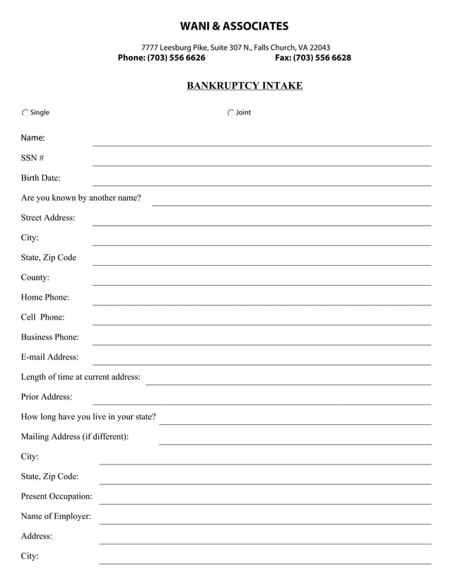 Wani & associates, p.c. bankruptcy intake form | PDF