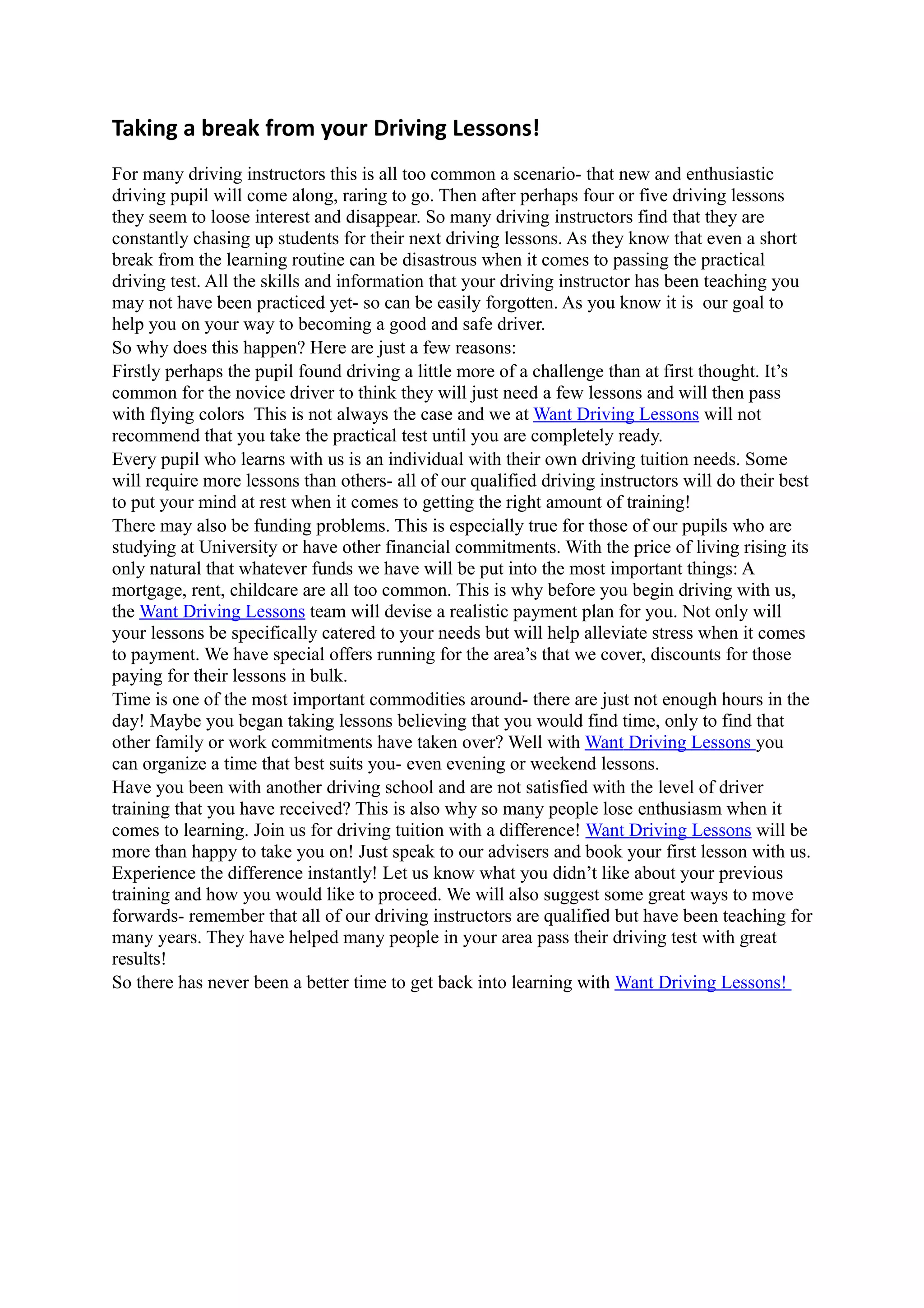 Want driving lessons taking a break from your driving lessons! | PDF ...