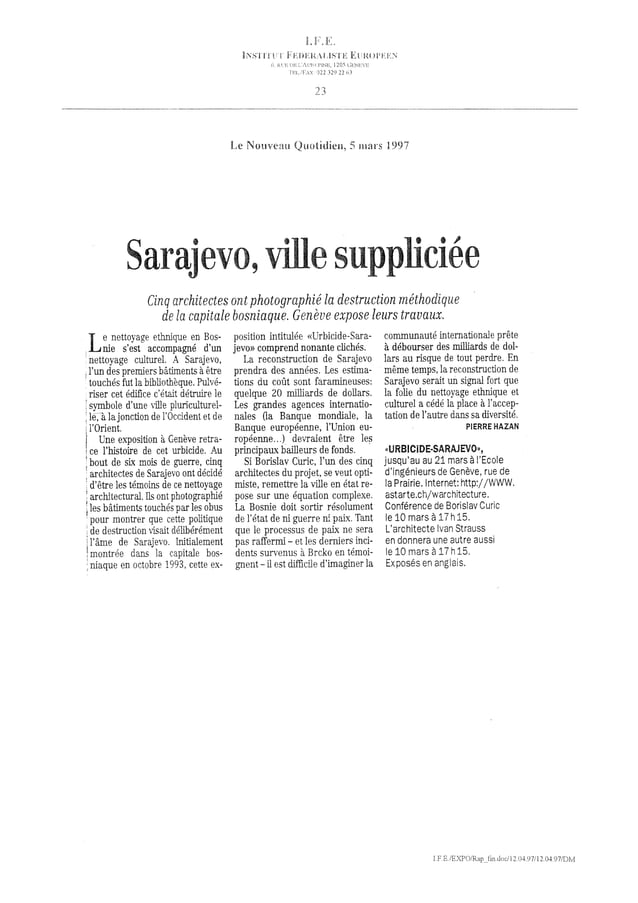 WARchitecture 1997 - Urbicide Sarajevo | PDF