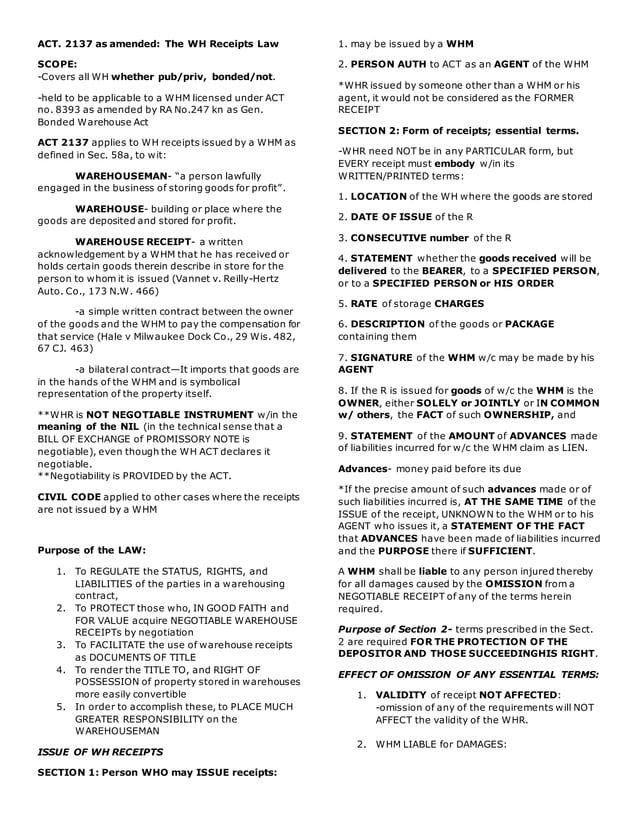Warehouse receipts law notes | PDF