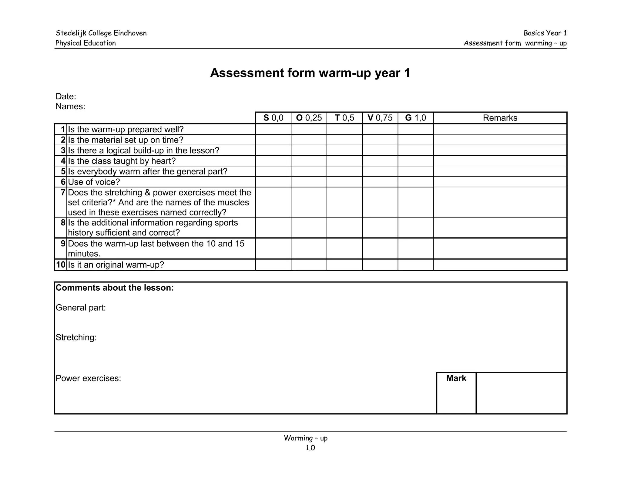 Warm up assessment form | PDF