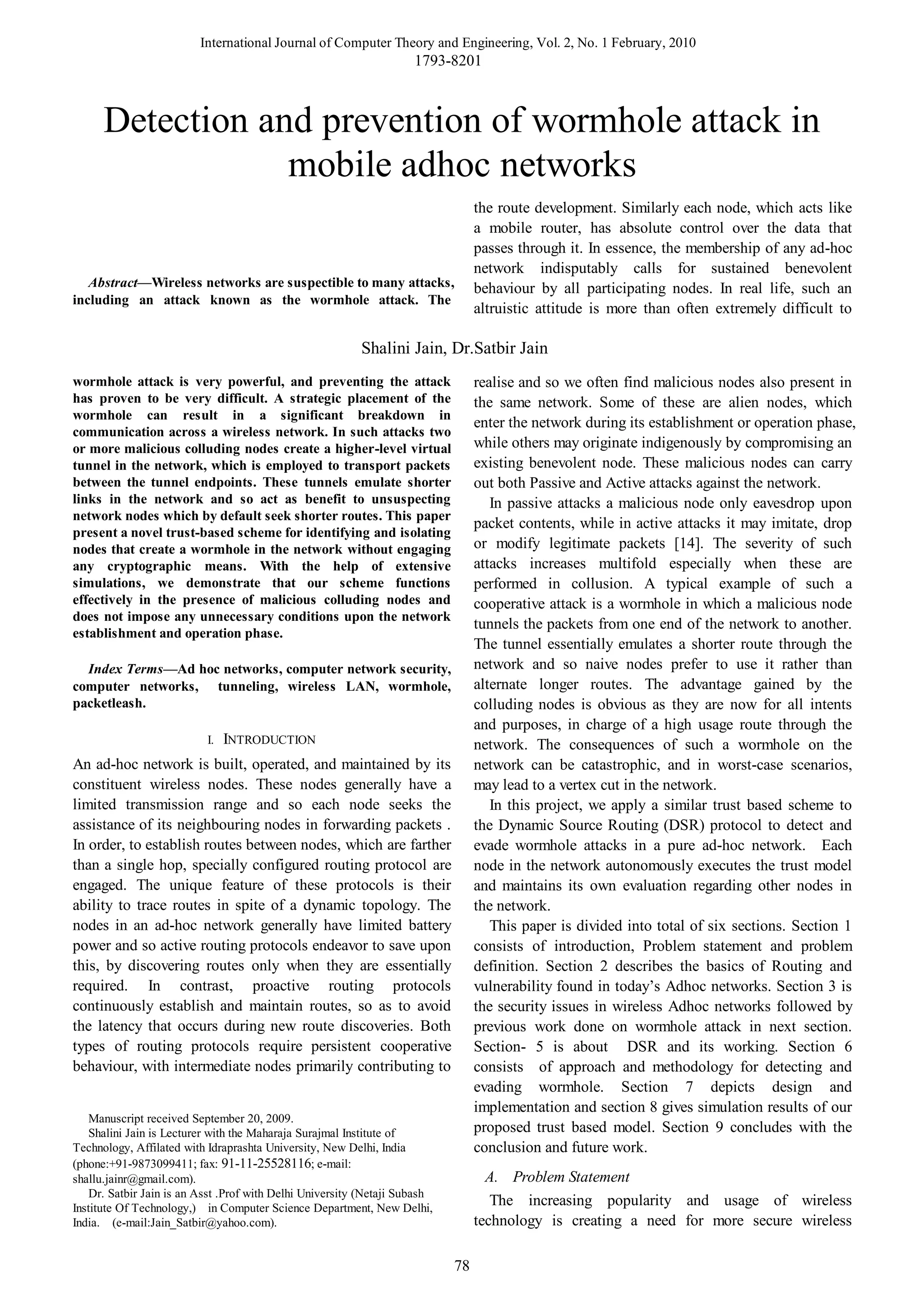 Detection and prevention of wormhole attack in mobile adhoc networks | PDF