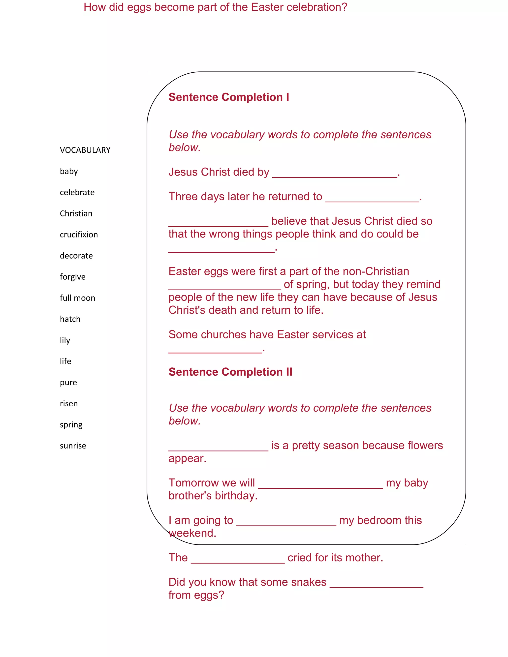 Warm up activity easter reading | DOC