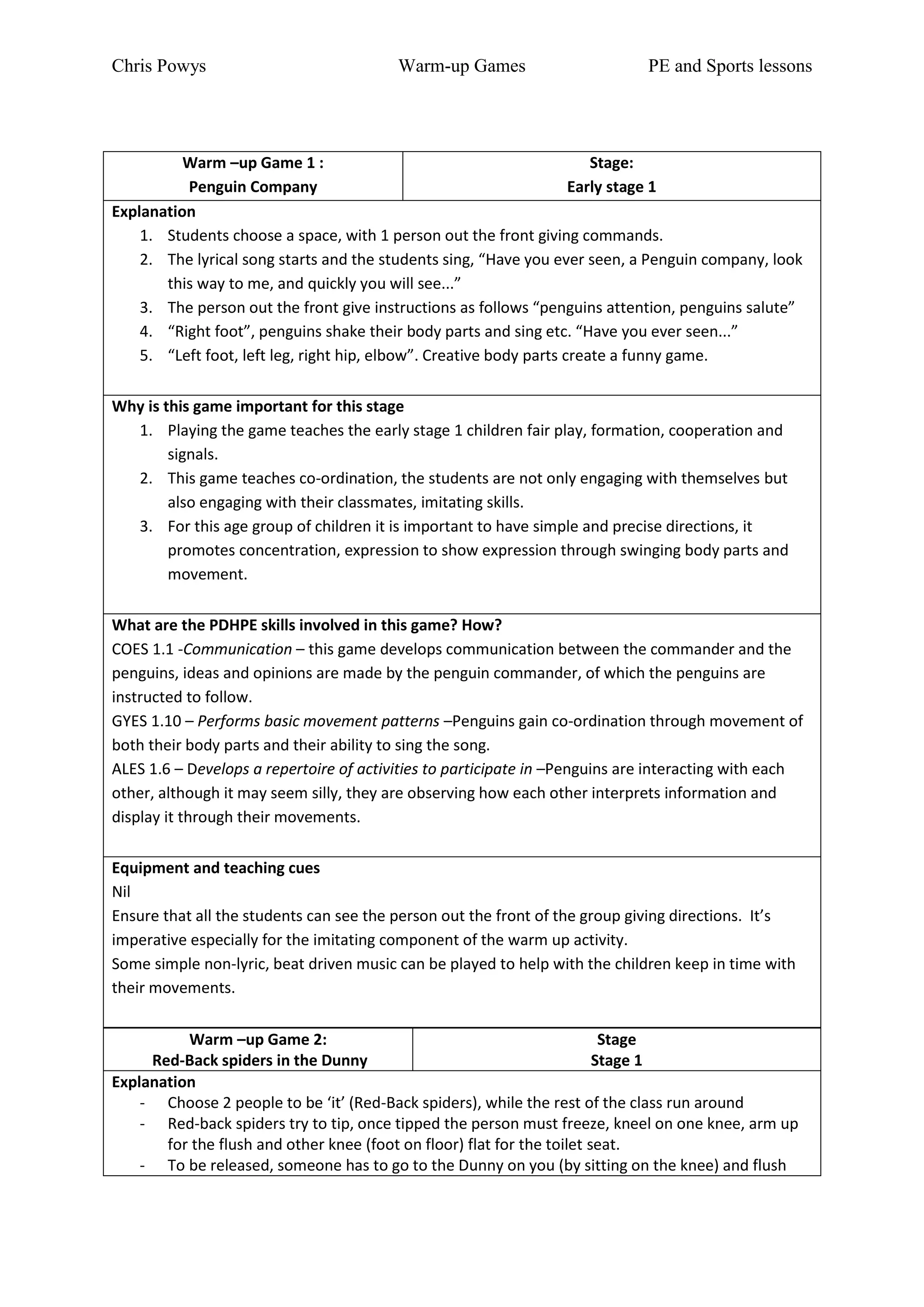 Warm up games for pe and sports lessons | DOCX