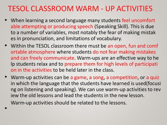 Warm up Techniques and Activities in Classroom.pptx | Secondary ...