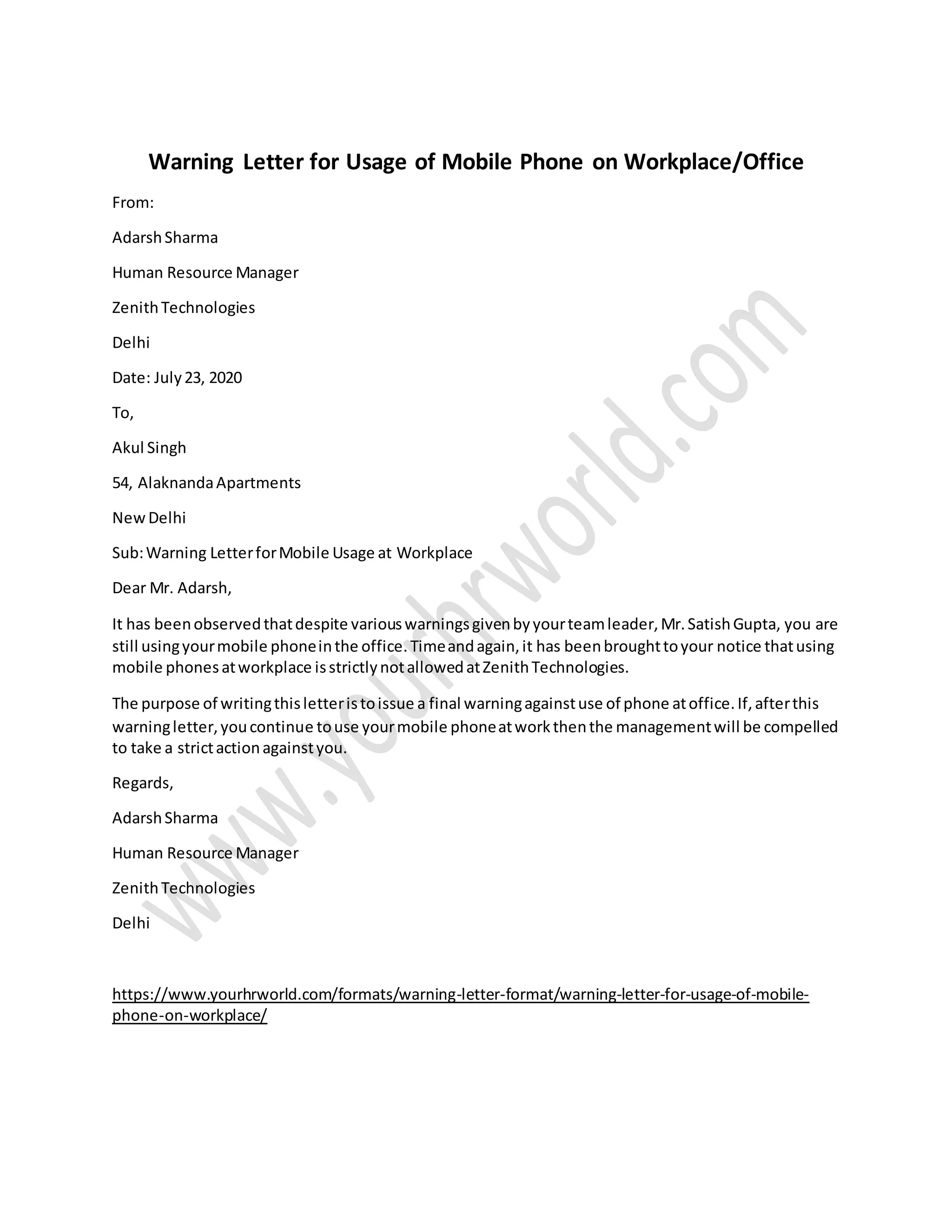 Warning Letter for Usage of Mobile Phone on Workplace/Office | DOCX