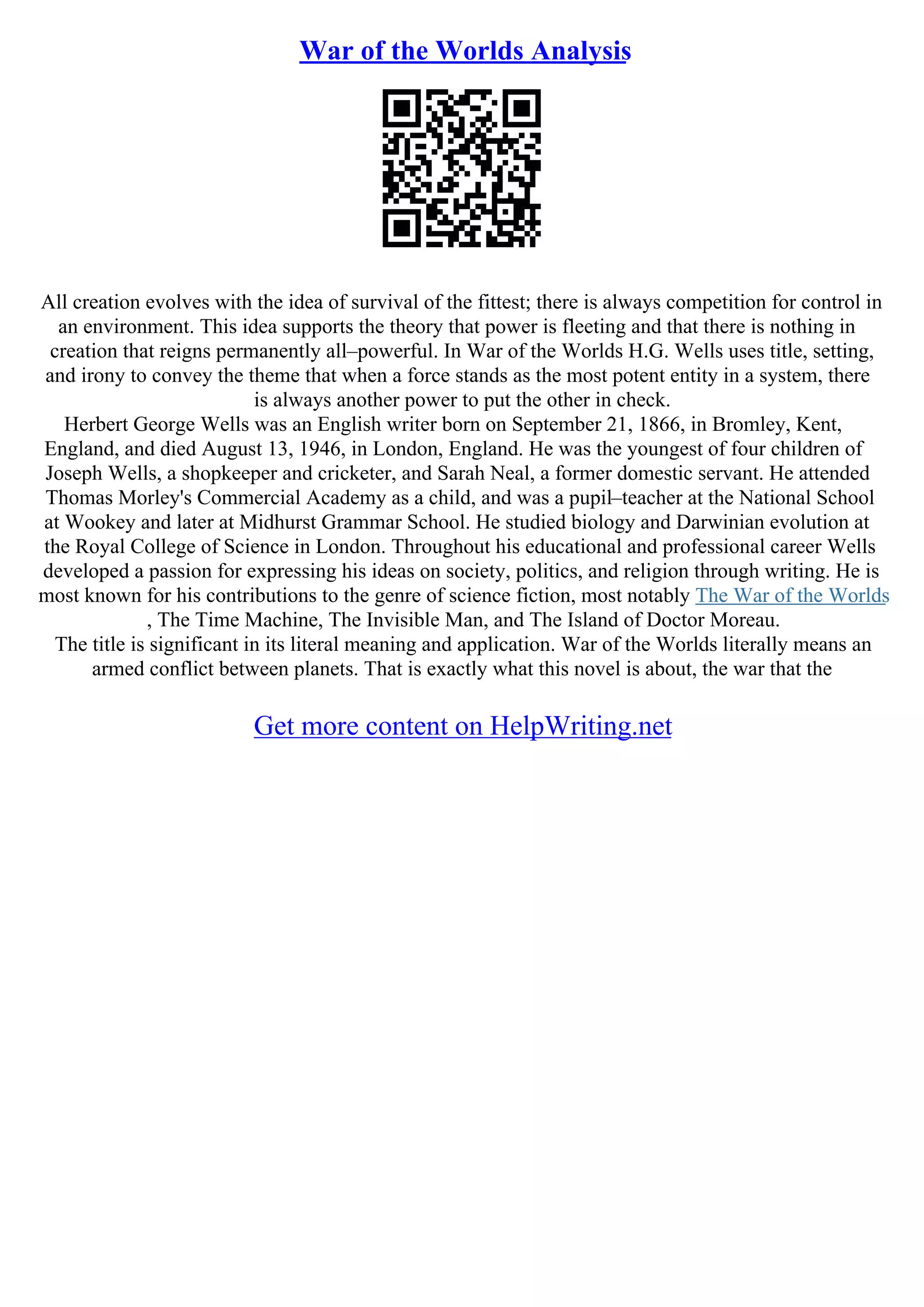 War Of The Worlds Essay | PDF